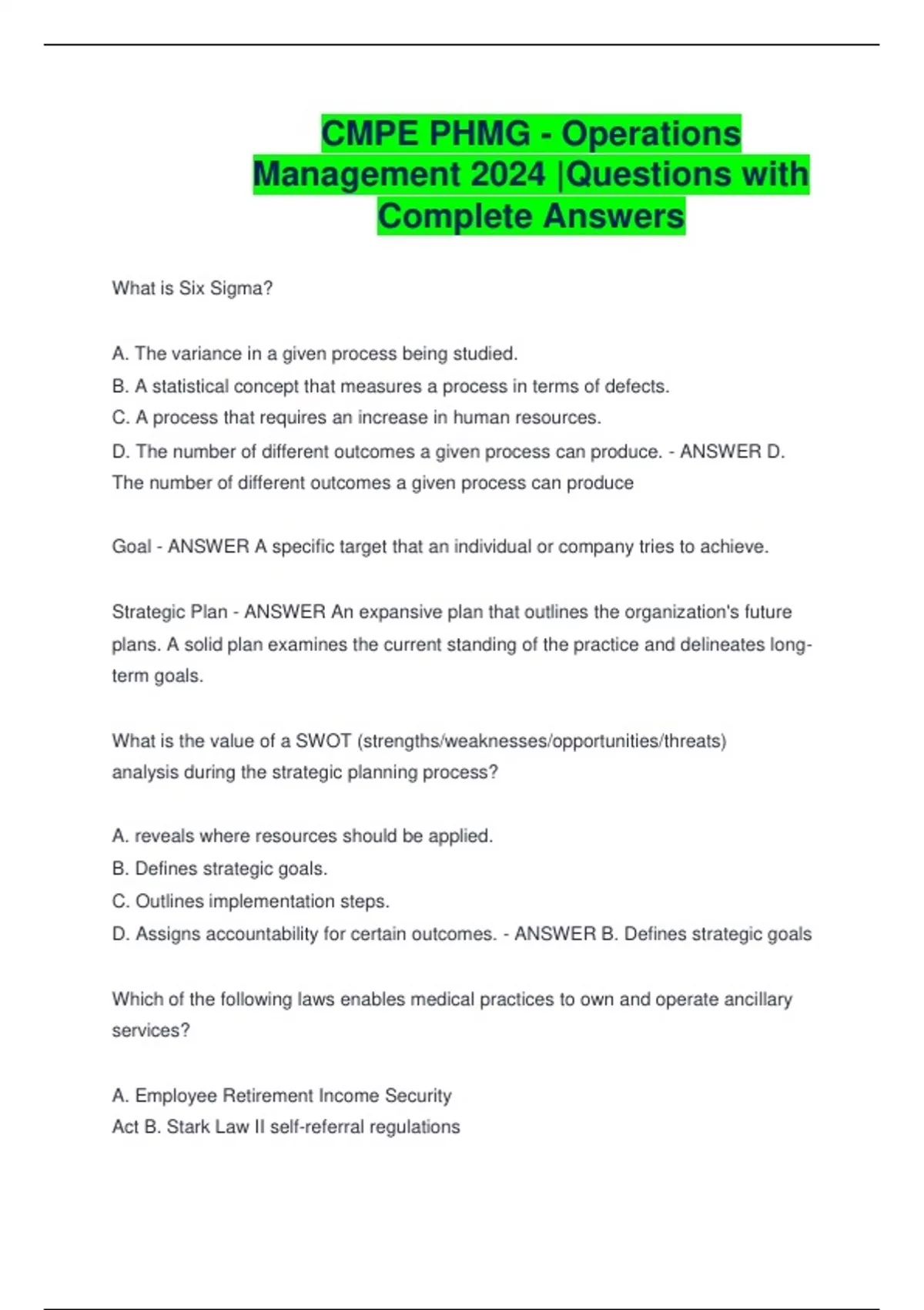 CMPE PHMG - Operations Management 2024 |Questions with Complete Answers - CMPE PHMG - Stuvia US