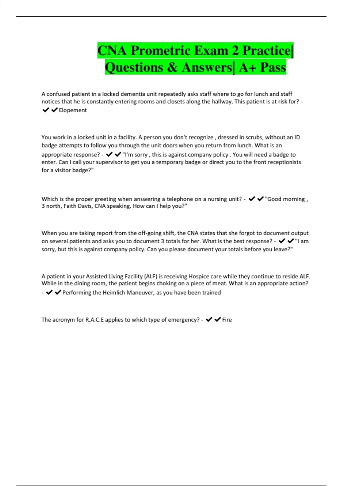 CNA Prometric Exam 2 Practice| Questions & Answers| A+ Pass - CNA ...