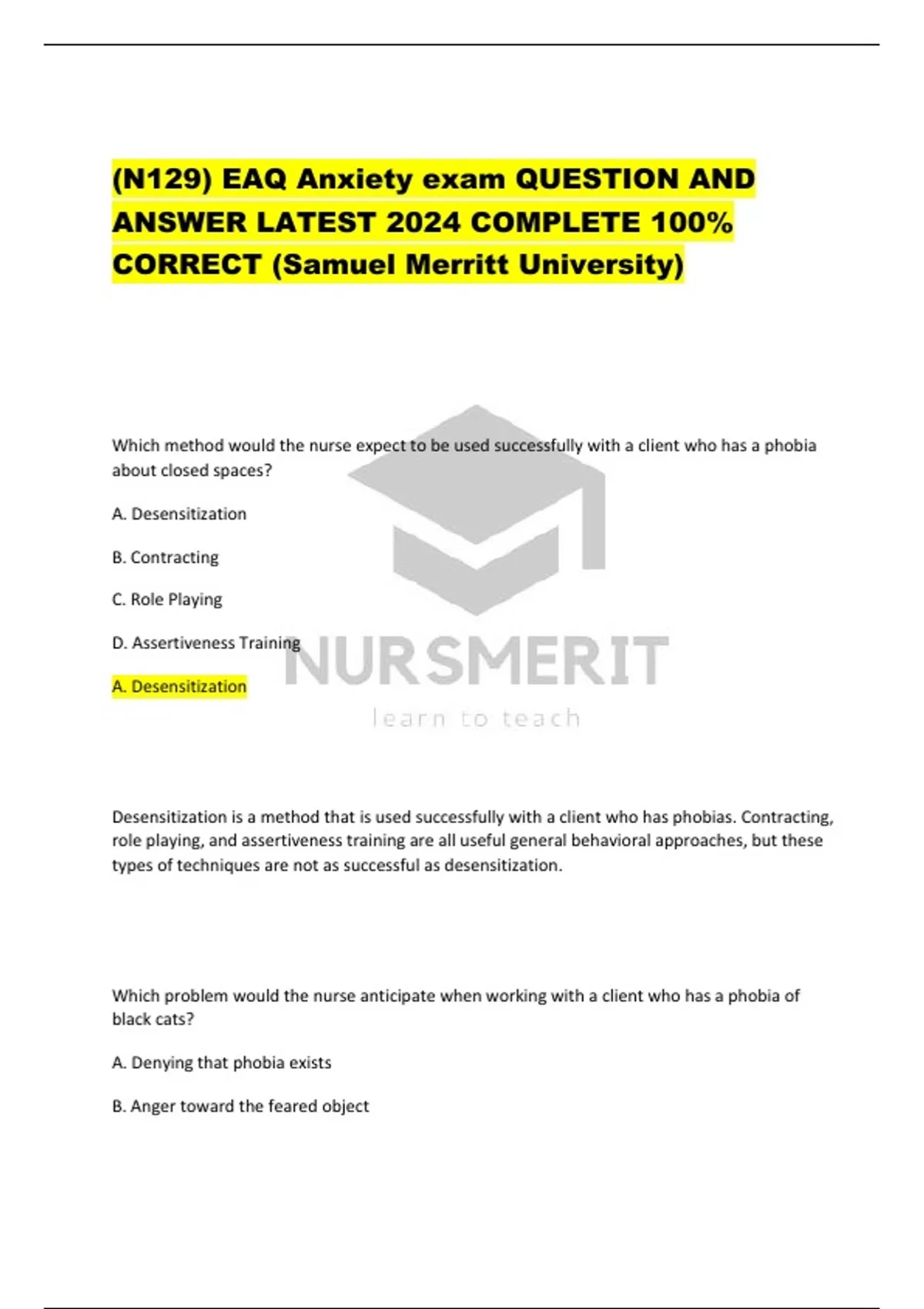 (N129) EAQ Anxiety exam QUESTION AND ANSWER LATEST 2024 COMPLETE 100% ...