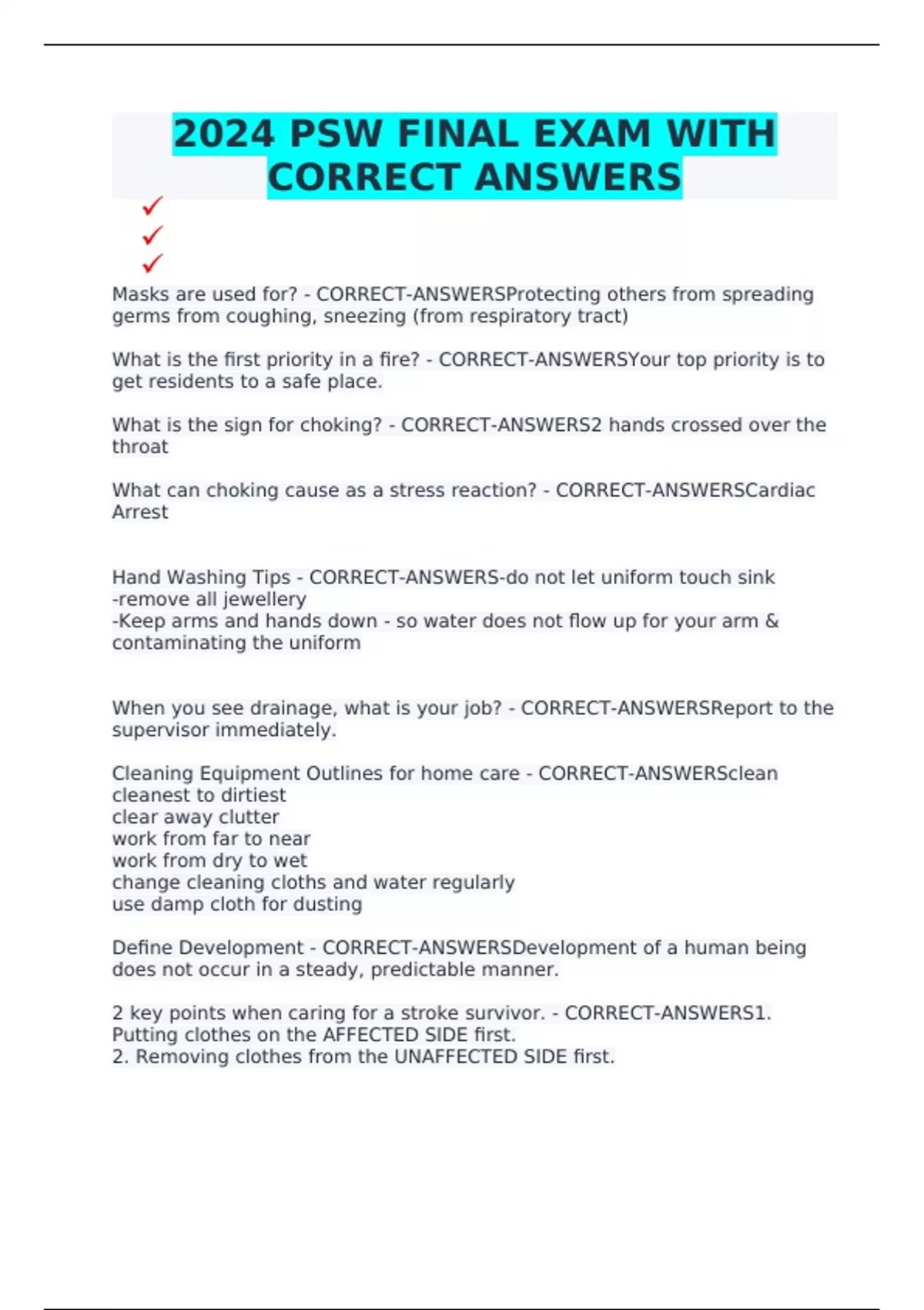 2024 PSW FINAL EXAM WITH CORRECT ANSWERS - PSW - Stuvia US