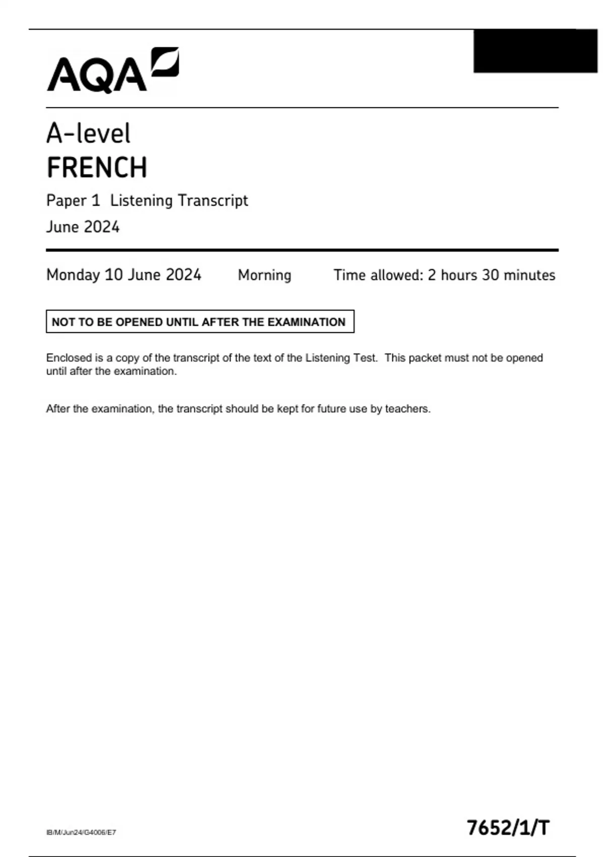 AQA A-level FRENCH Paper 1 Listening Transcript June 2024 - AQA - Stuvia US
