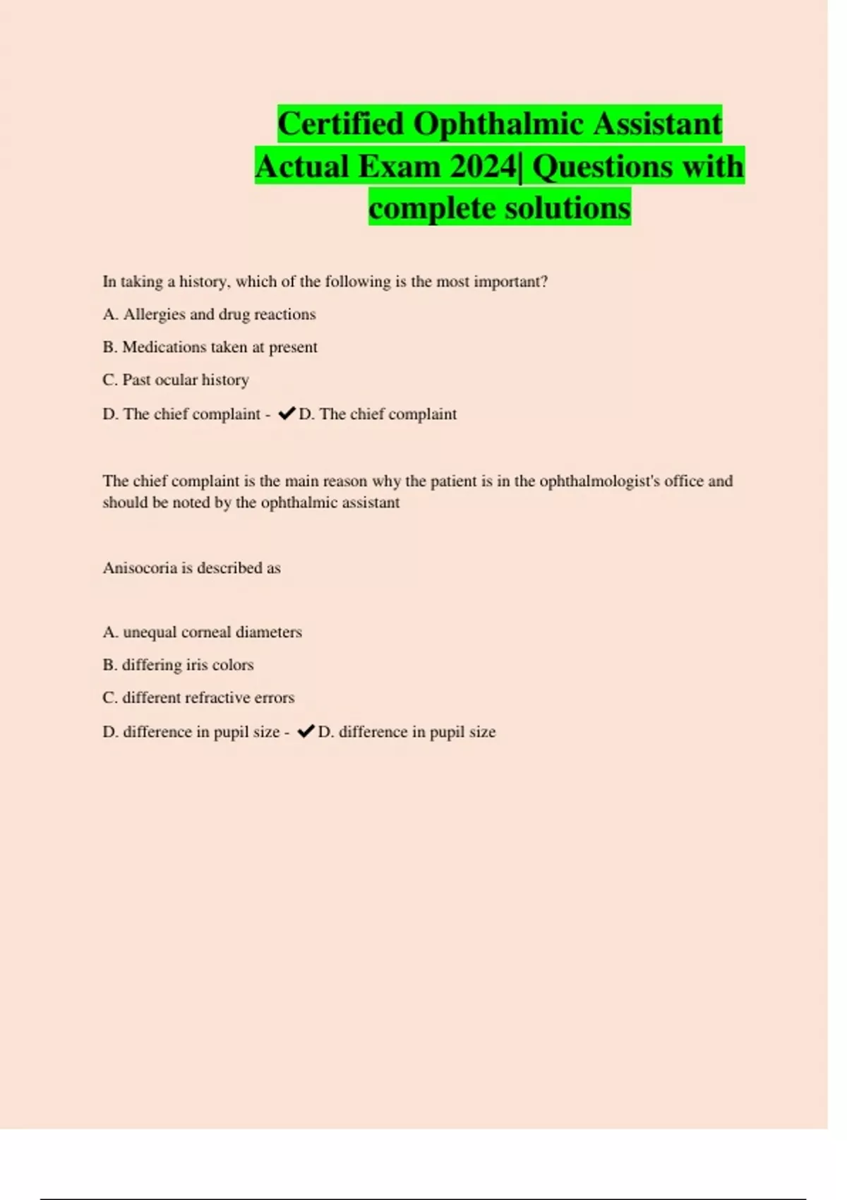 Certified Ophthalmic Assistant Actual Exam 2024| Questions with complete solutions - Certified ...
