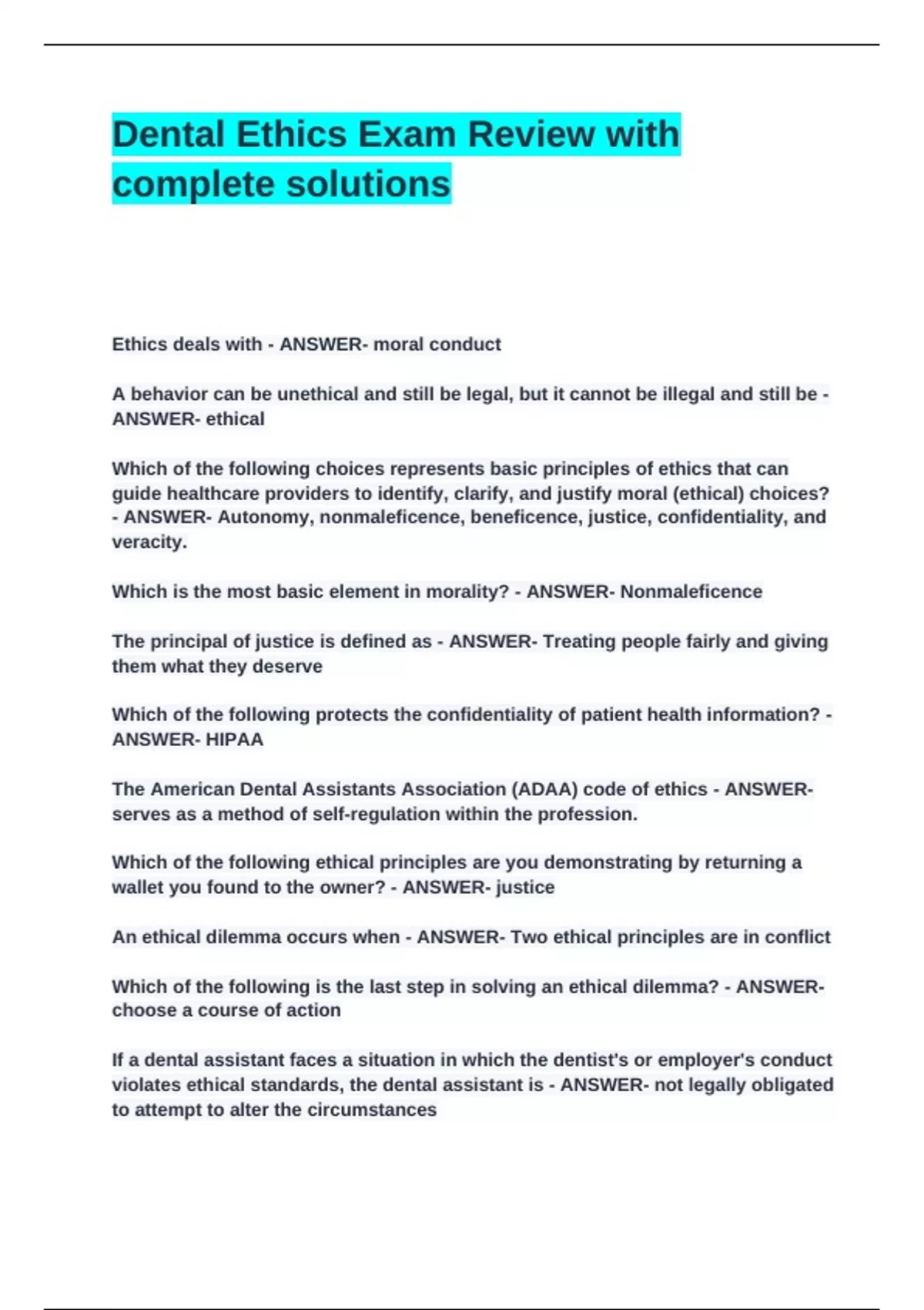 Dental Ethics Exam Review with complete solutions - Dental Hygiene - Stuvia US