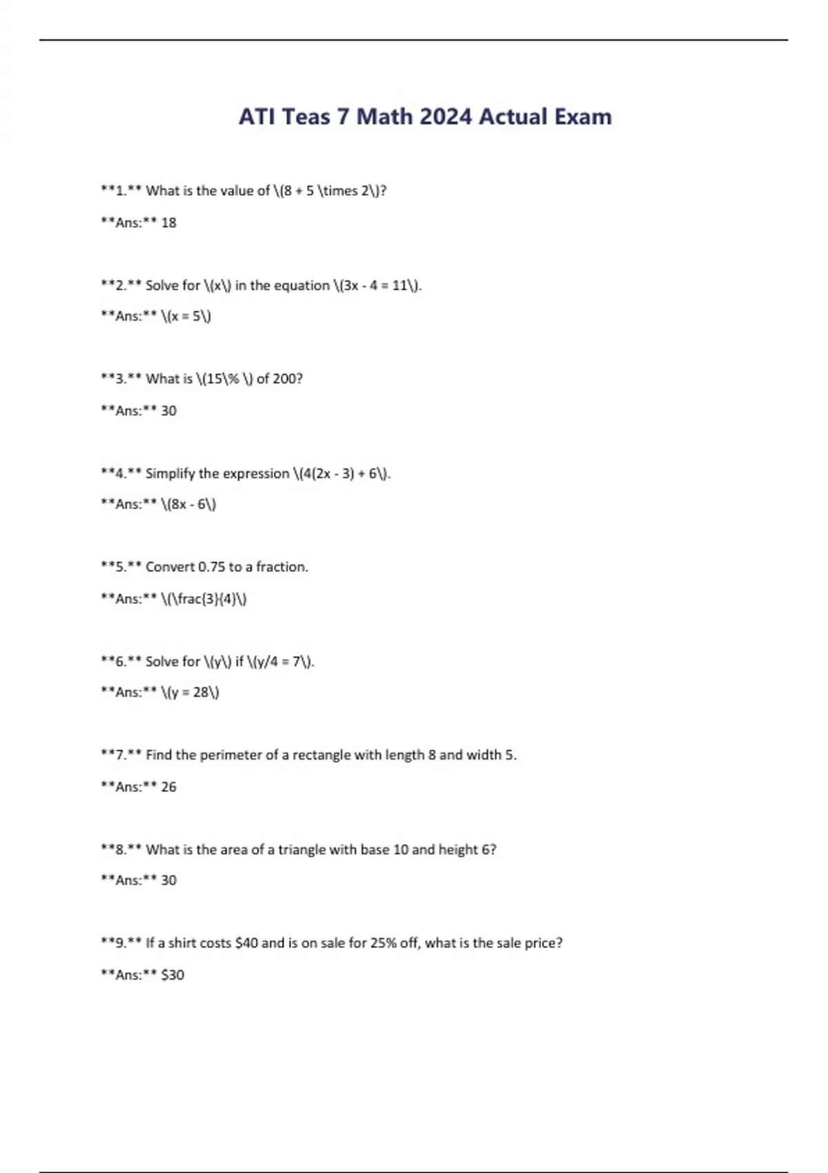 ATI Teas 7 Math 2024 Actual Exam - ATI Teas 7 Math - Stuvia US