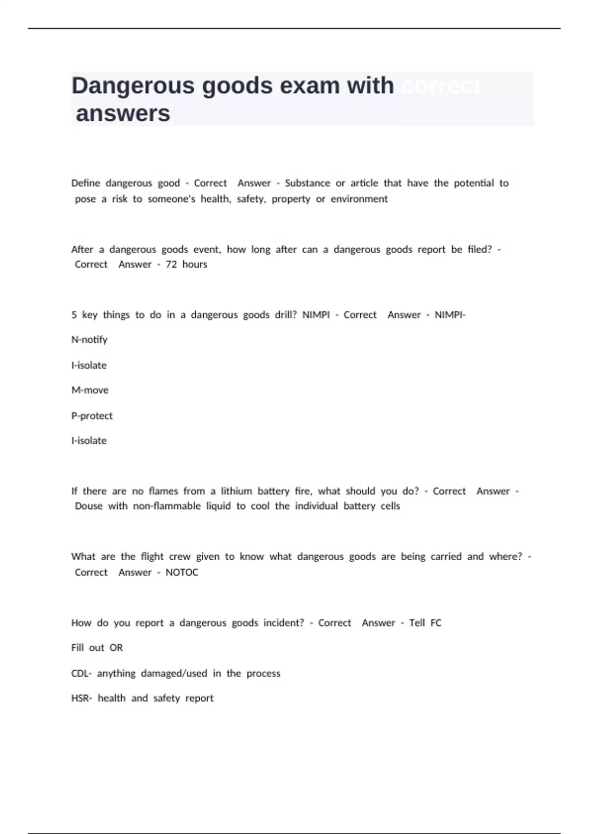 Dangerous goods exam with correct answers - Dangerous goods - Stuvia US