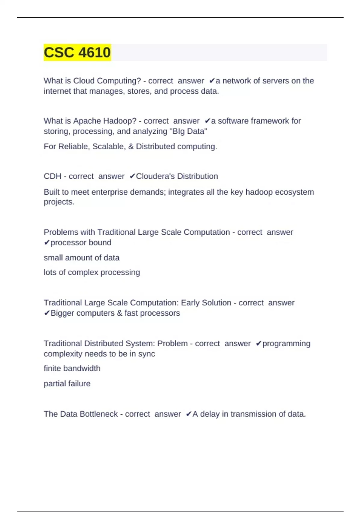 CSC 4610 Question and answers already passed 2024 - Csc - Stuvia US