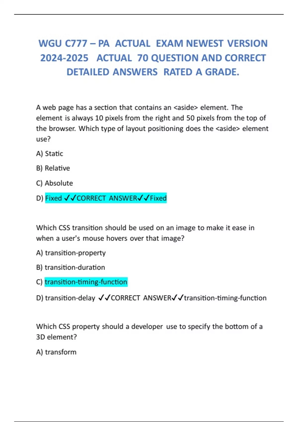 WGU C777 – PA ACTUAL EXAM NEWEST VERSION ACTUAL 70 QUESTION AND CORRECT ...