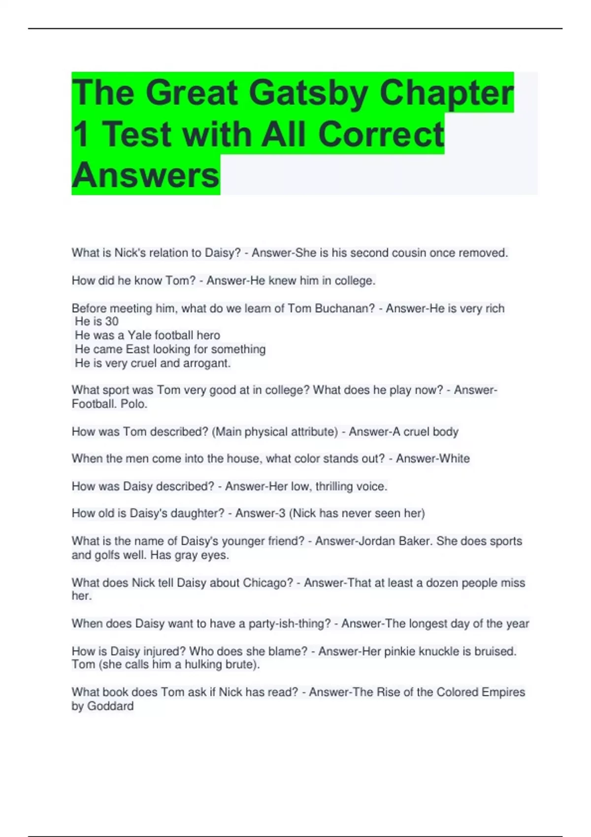 The Great Gatsby Chapter 1 Test with All Correct Answers - The Great ...