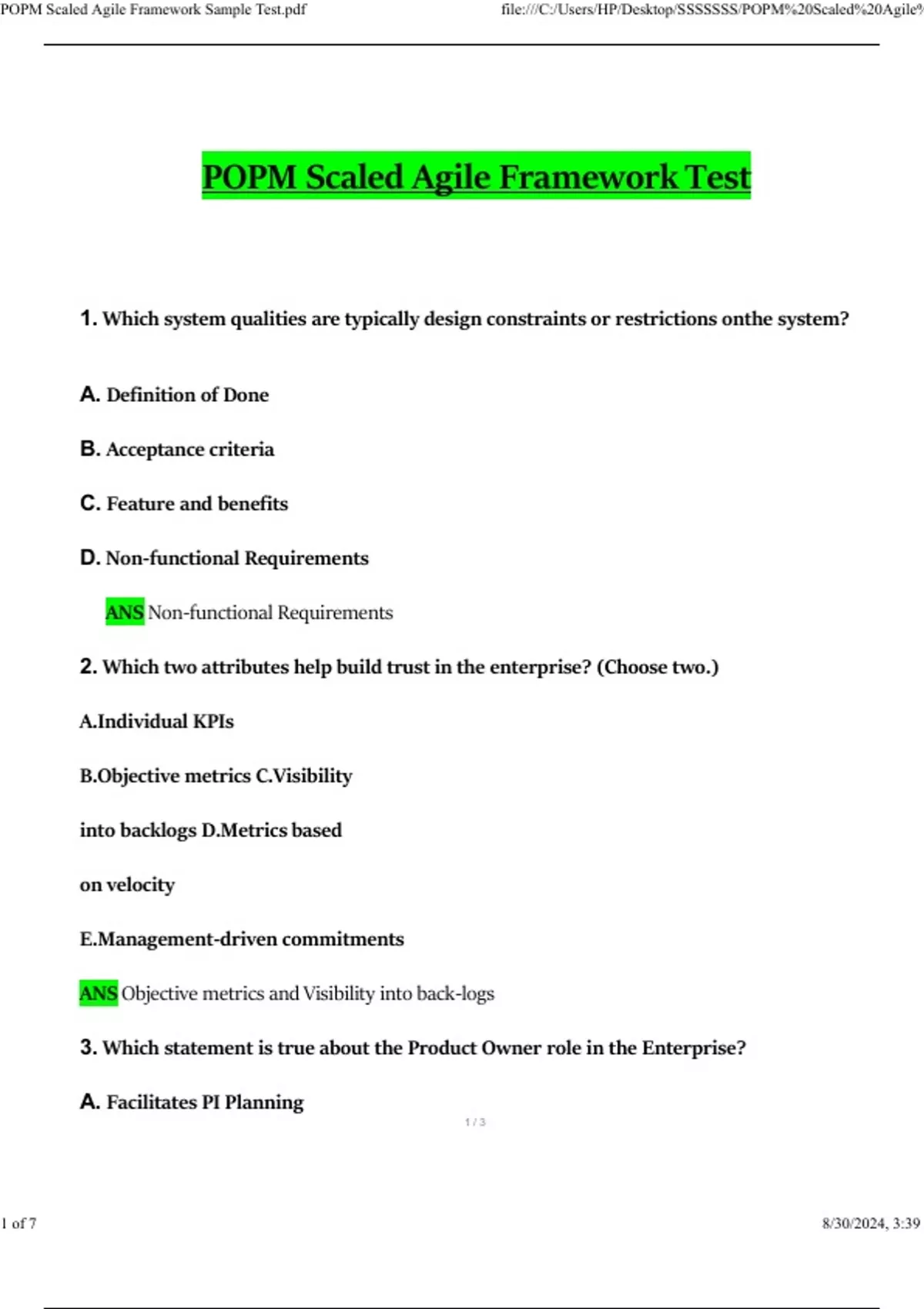 Safe Popm Scaled Agile Framework Test 2024 Actual Questions With Verified Answers 100