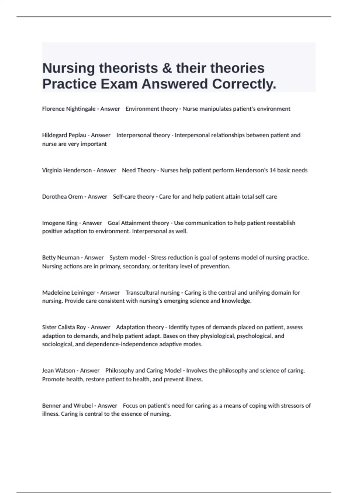 Nursing theorists & their theories Practice Exam Answered Correctly ...