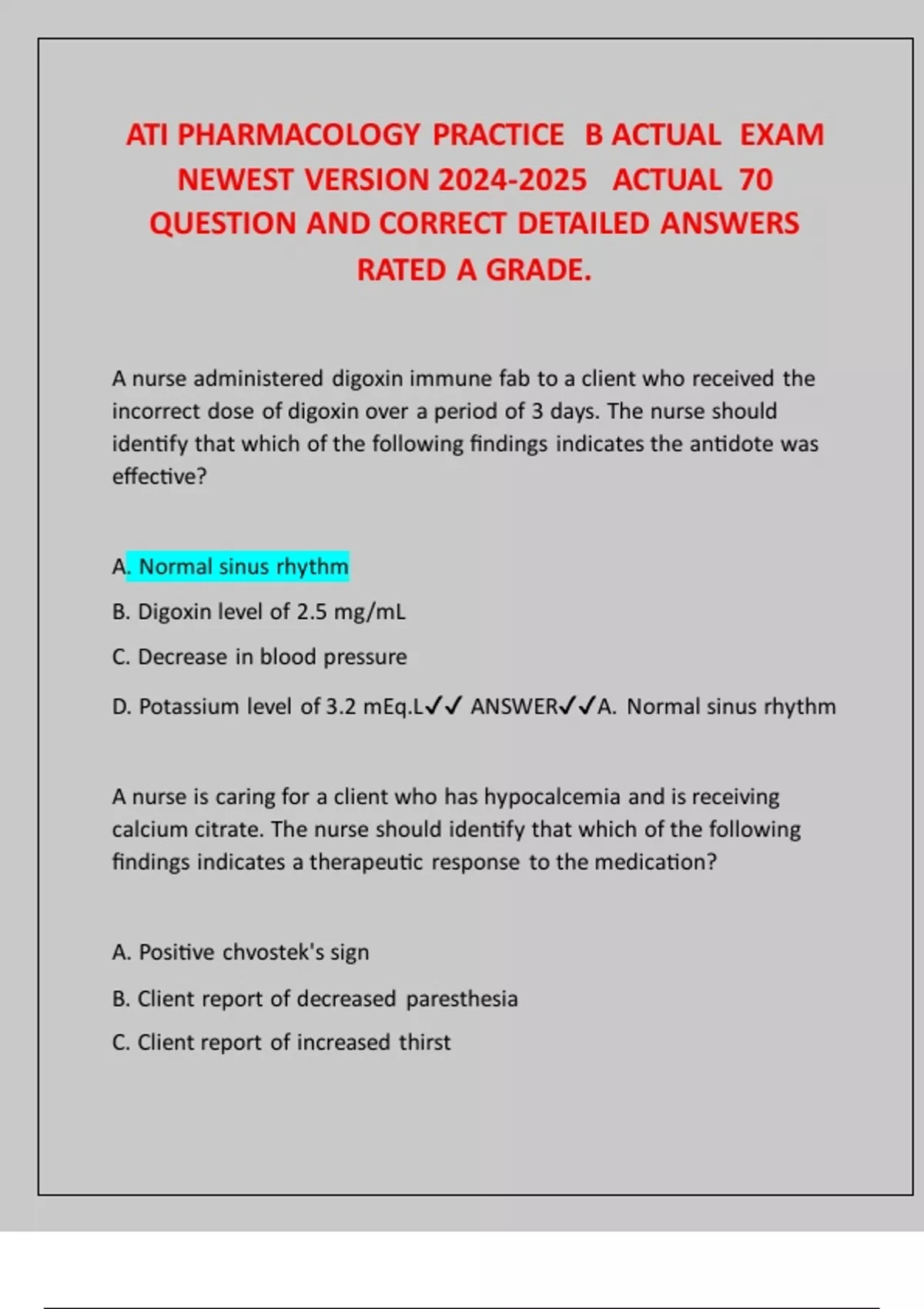 ATI PHARMACOLOGY PRACTICE B ACTUAL EXAM NEWEST VERSION ACTUAL 70 ...