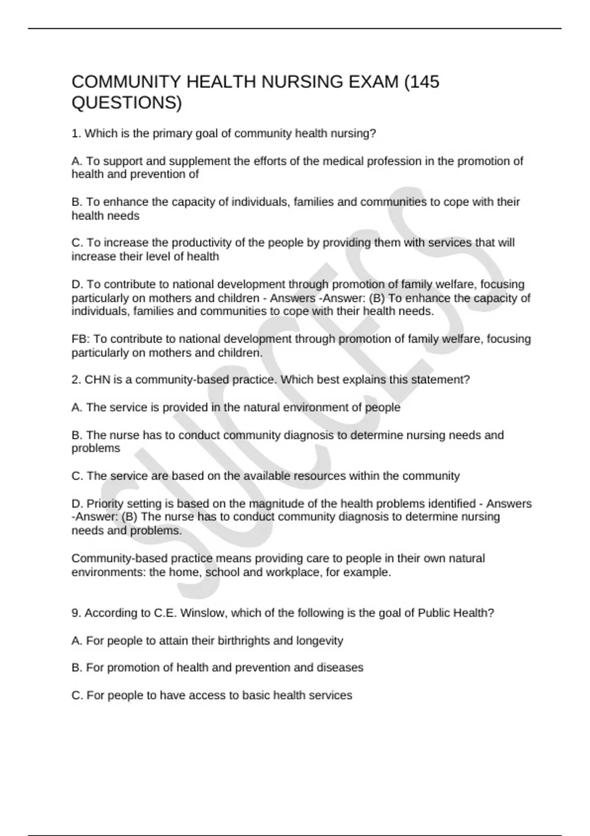 COMMUNITY HEALTH NURSING EXAM (145 QUESTIONS) - COMMUNITY HEALTH ...