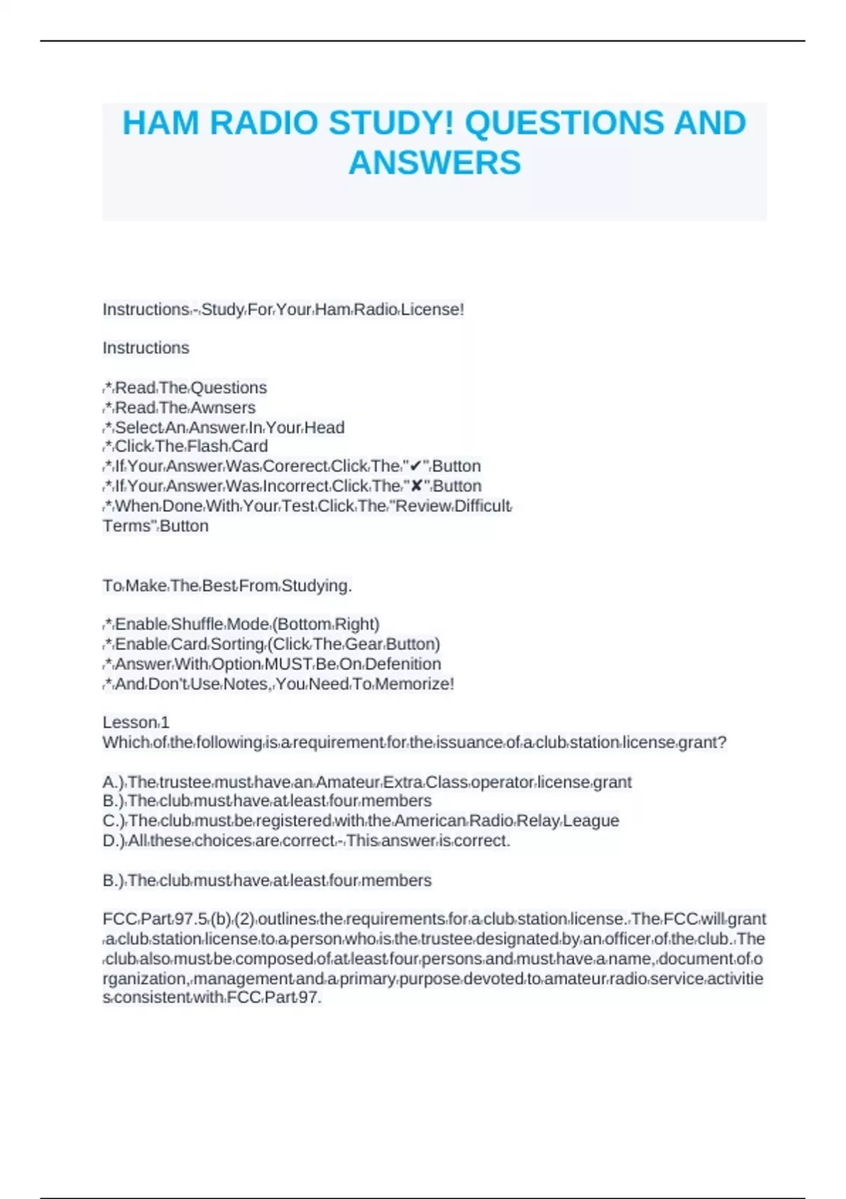 HAM RADIO STUDY! QUESTIONS AND ANSWERS - Ham Radio - Stuvia US