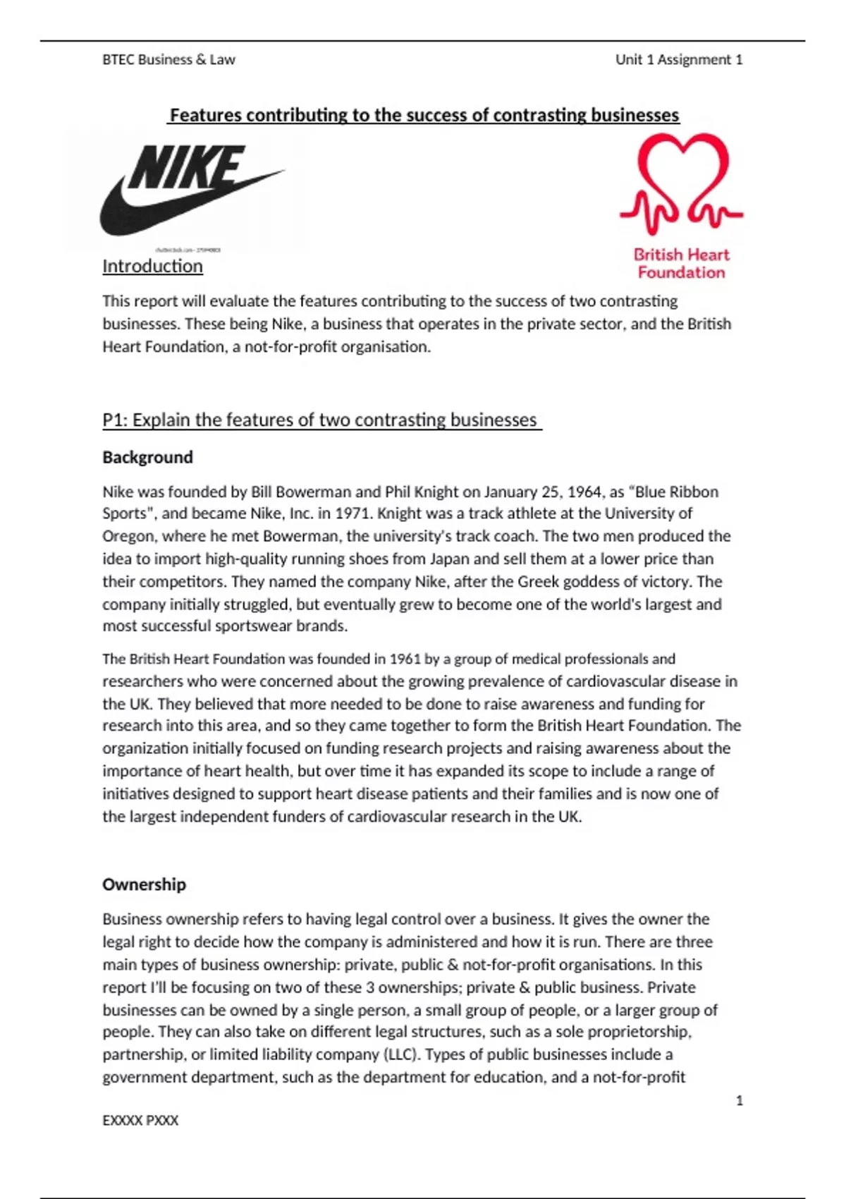 Distinction Pearson Btec Level 3 Business Unit 1 Exploring Business Assignment 1 Nike And Bhf