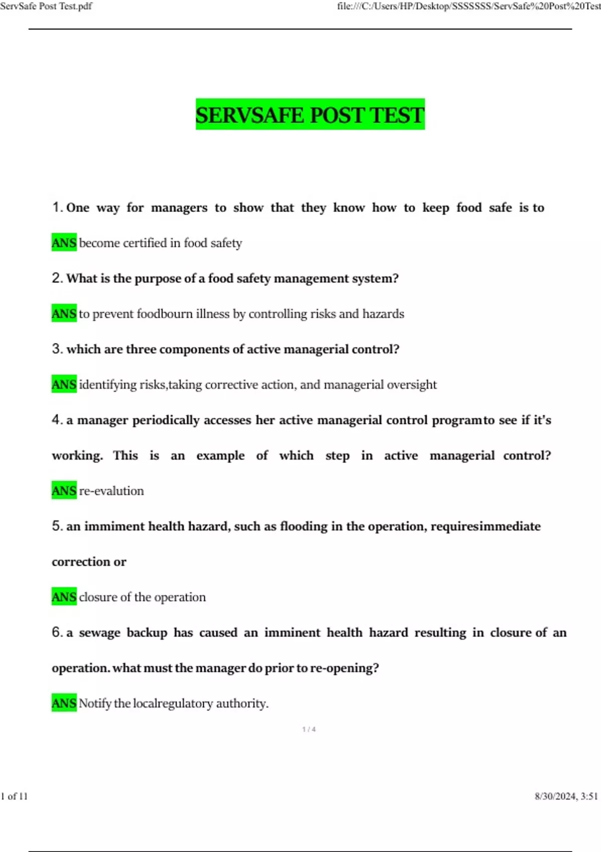 ServSafe Post Test 2024 Actual Questions with Verified Answers, 100% ...