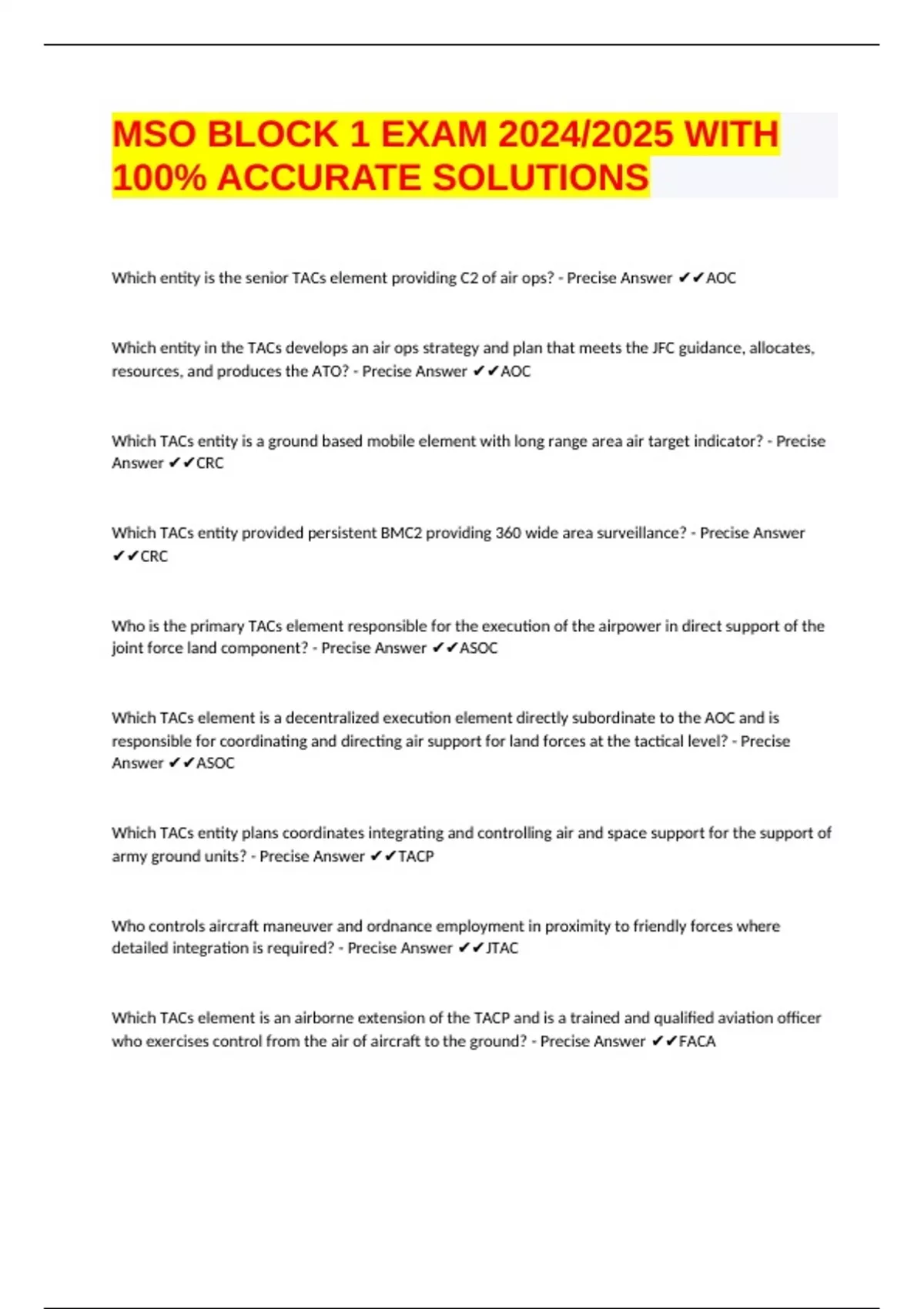 MSO BLOCK 1 EXAM 2024/2025 WITH 100% ACCURATE SOLUTIONS - MSO BLOCK 1 ...