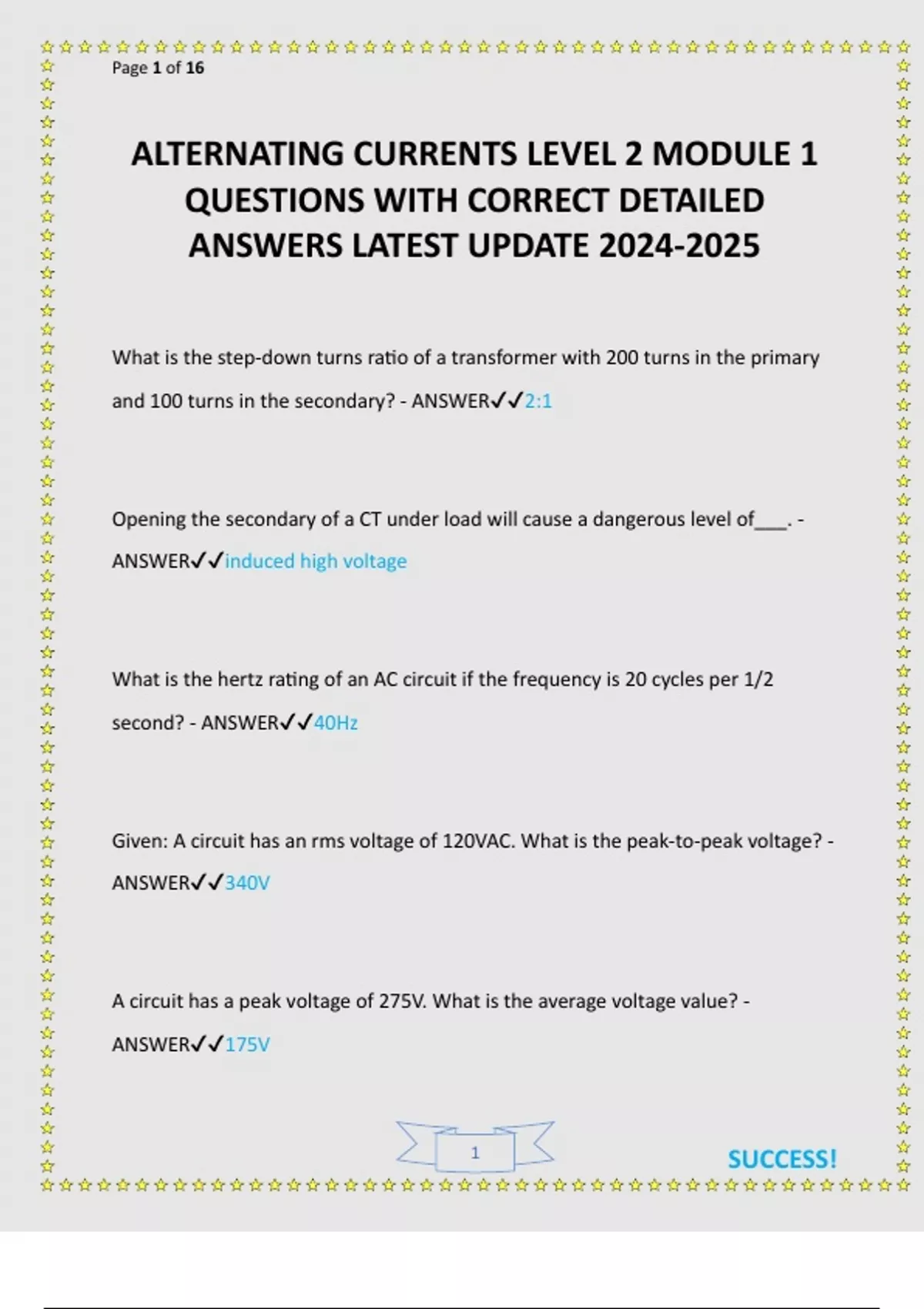 ALTERNATING CURRENTS LEVEL 2 MODULE 1 QUESTIONS WITH CORRECT DETAILED ...