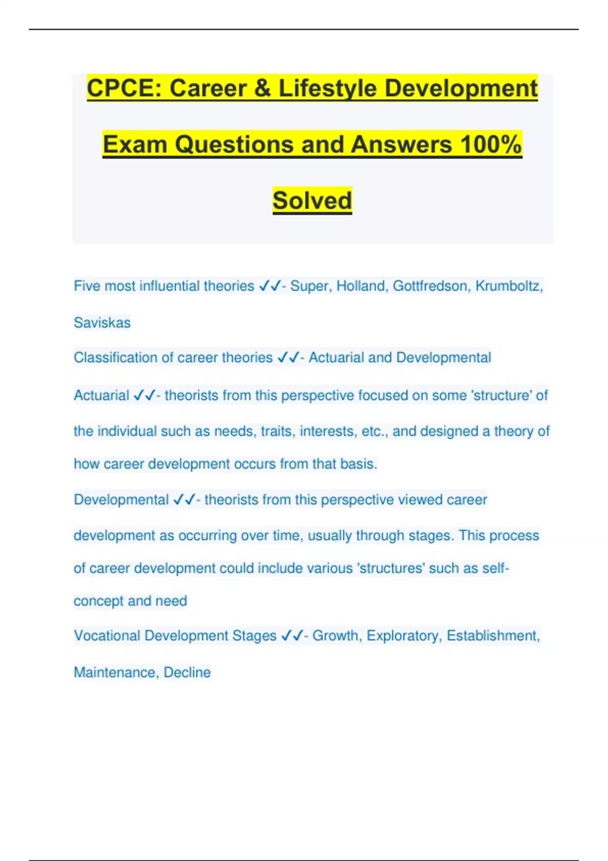 CPCE: Career & Lifestyle Development Exam Questions and Answers 100% Solved Five most ...