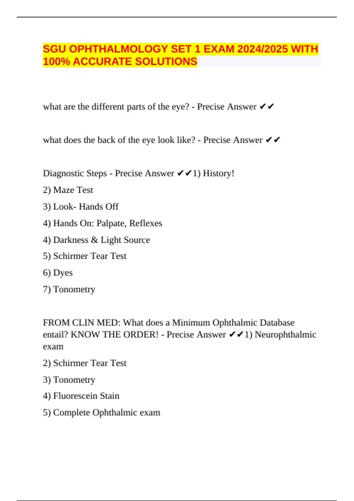 SGU OPHTHALMOLOGY SET 1 EXAM 2024/2025 WITH 100% ACCURATE SOLUTIONS ...