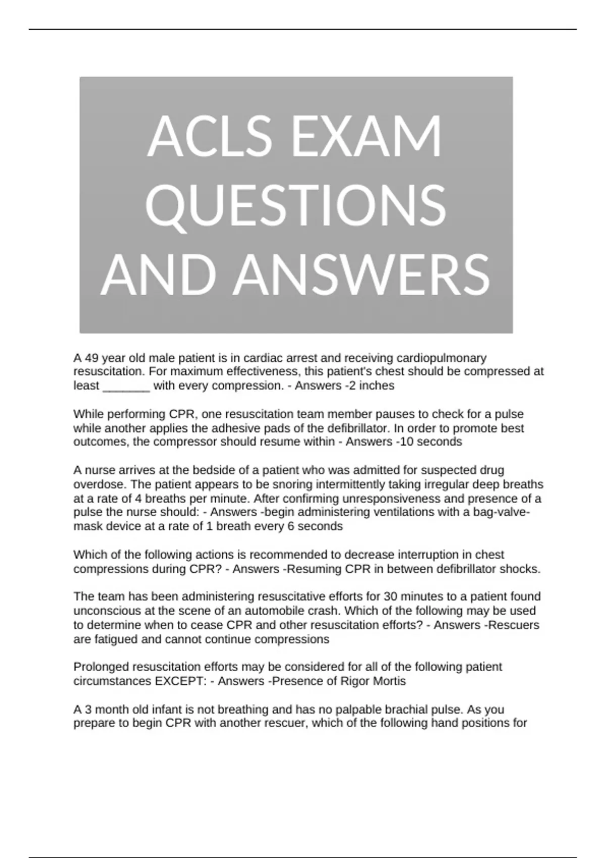 ACLS EXAM QUESTIONS AND ANSWERS - ACLS - Stuvia US