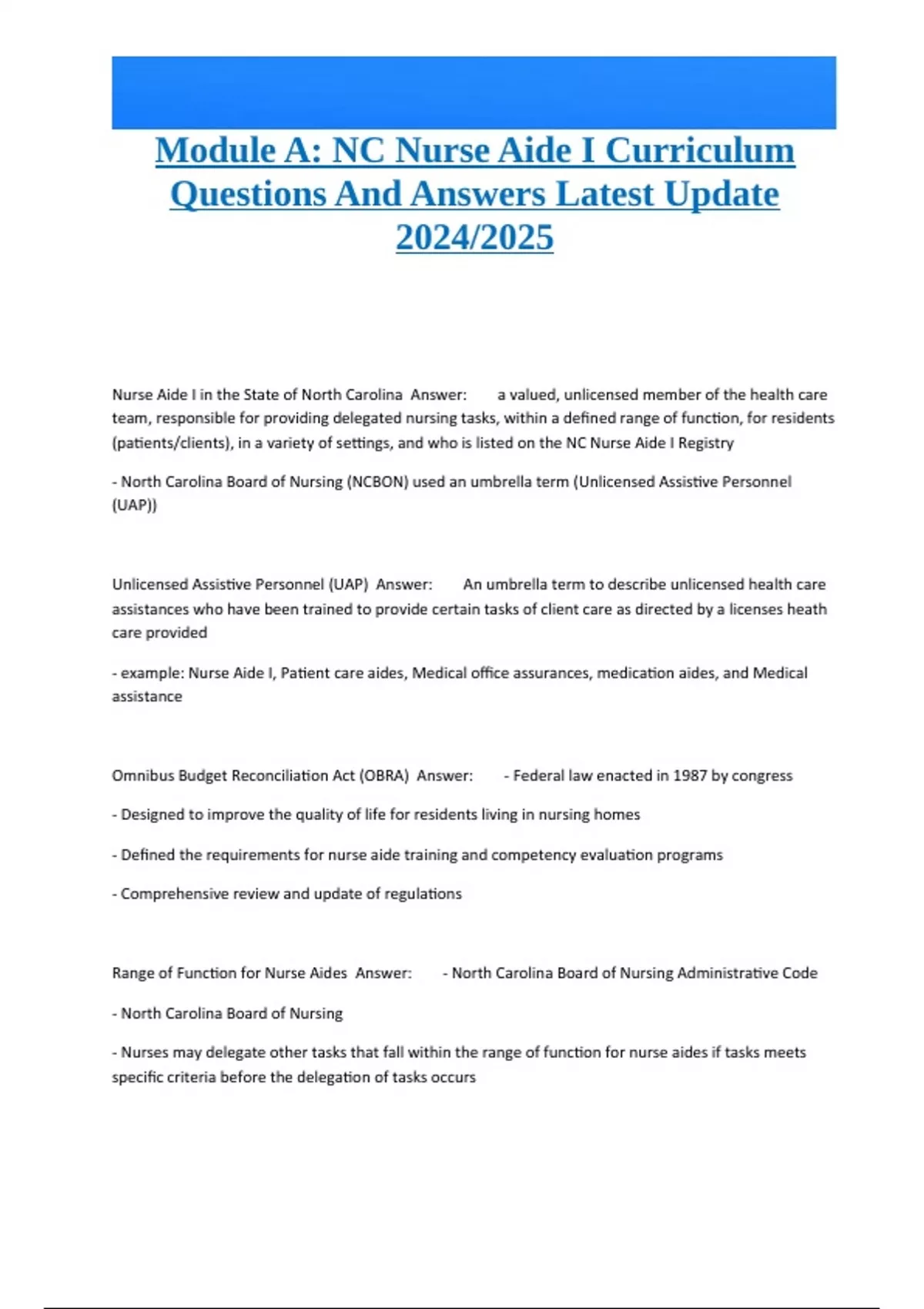 Module A: NC Nurse Aide I Curriculum Questions And Answers Latest ...