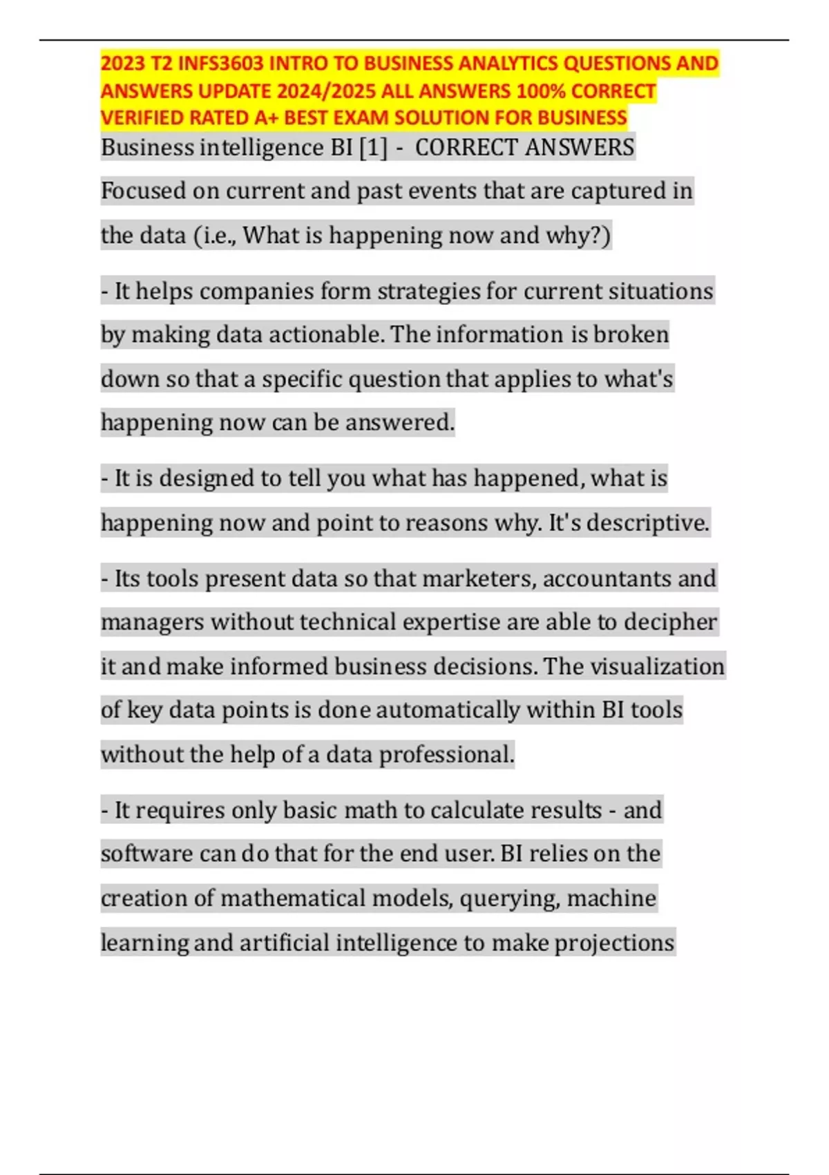 2023 T2 INFS3603 INTRO TO BUSINESS ANALYTICS QUESTIONS AND ANSWERS ...