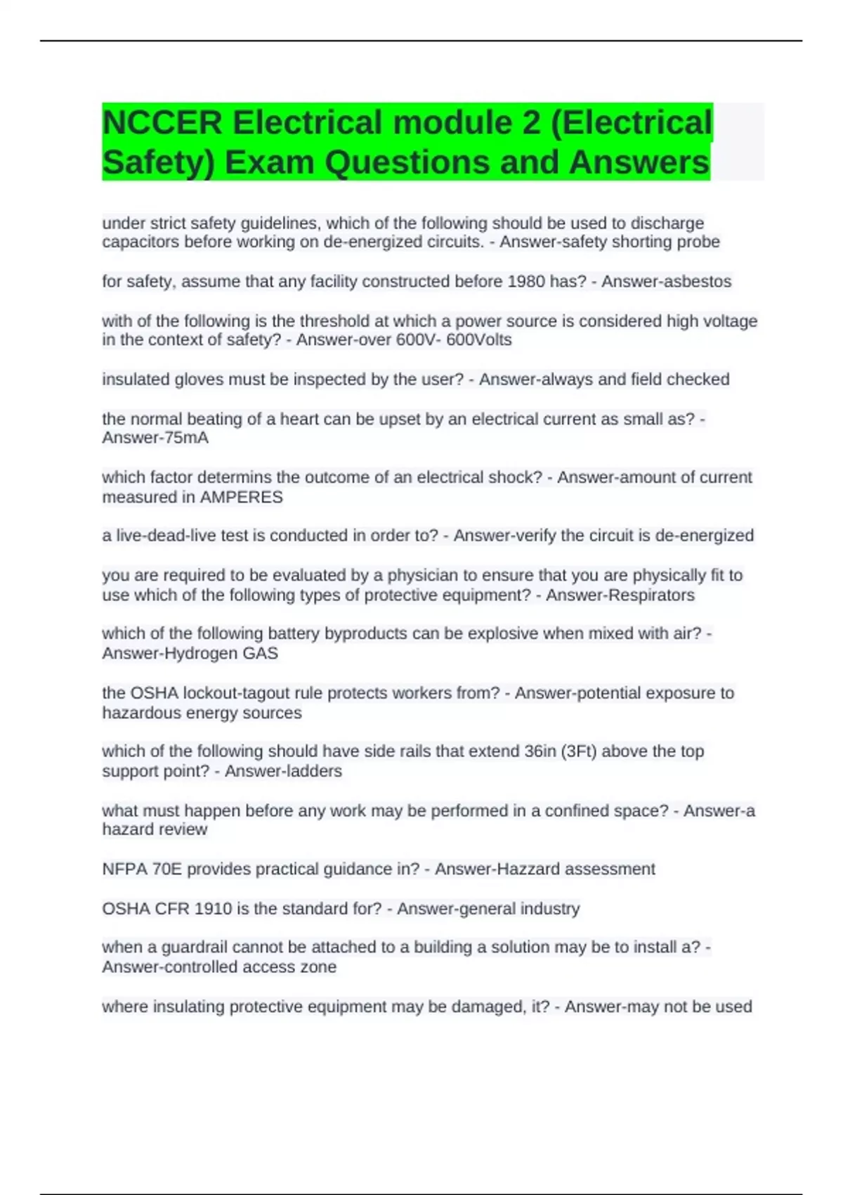 NCCER Electrical module 2 (Electrical Safety) Exam Questions and ...