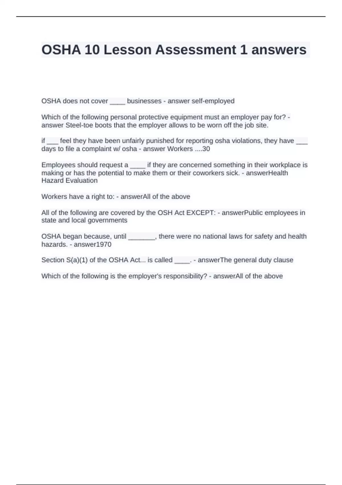 OSHA 10 Lesson Assessment 1 answers Questions and Answers - OSHA 10 ...