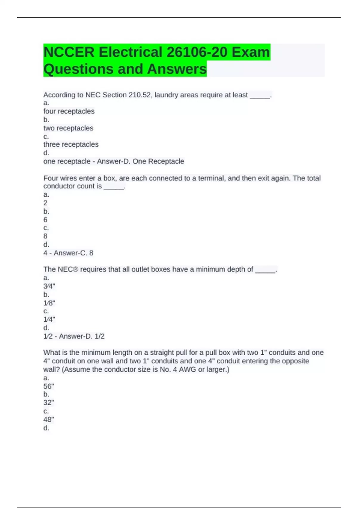 NCCER Electrical 26106-20 Exam Questions and Answers - NCCER Electrical ...