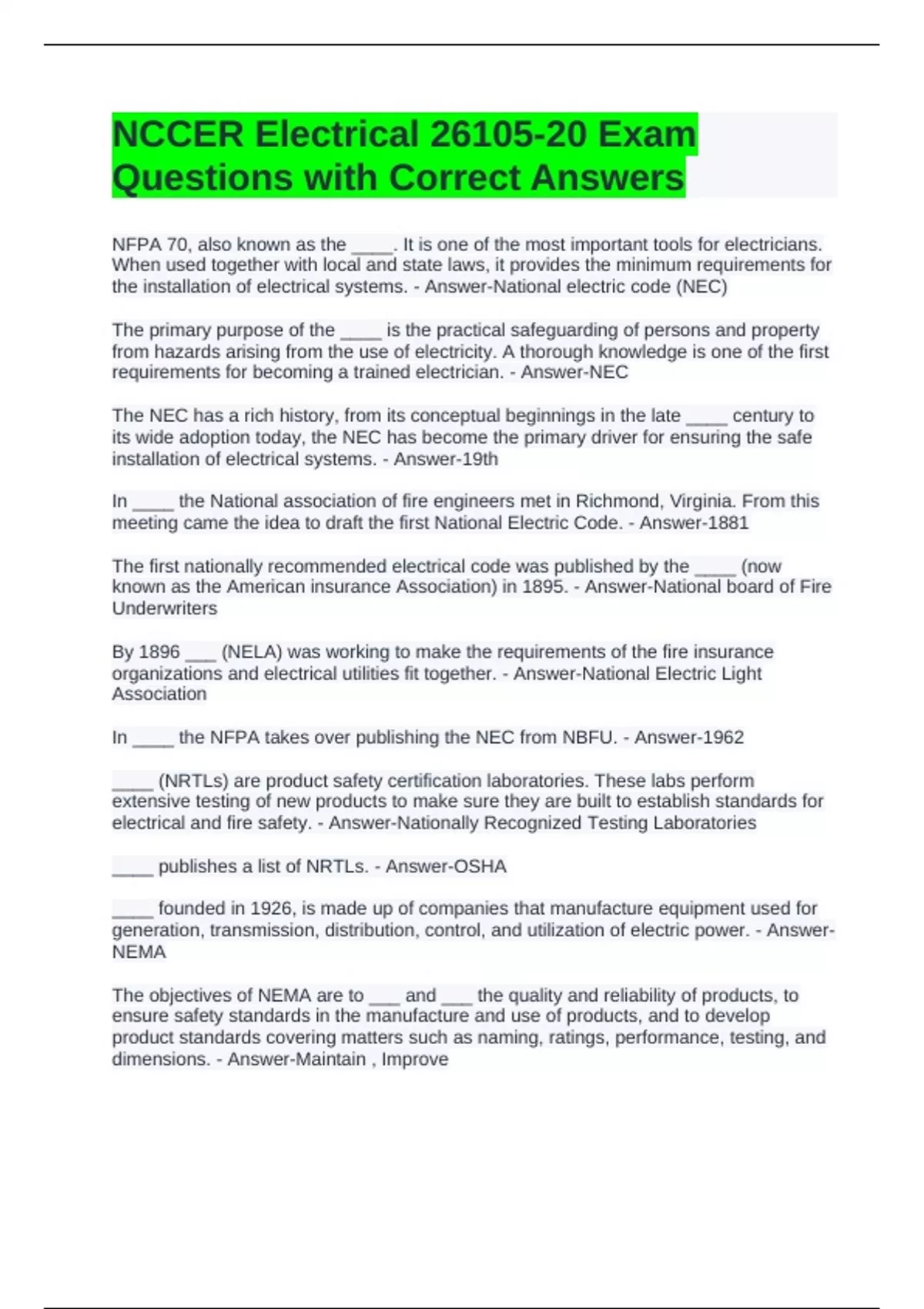 NCCER Electrical 26105-20 Exam Questions with Correct Answers - NCCER ...