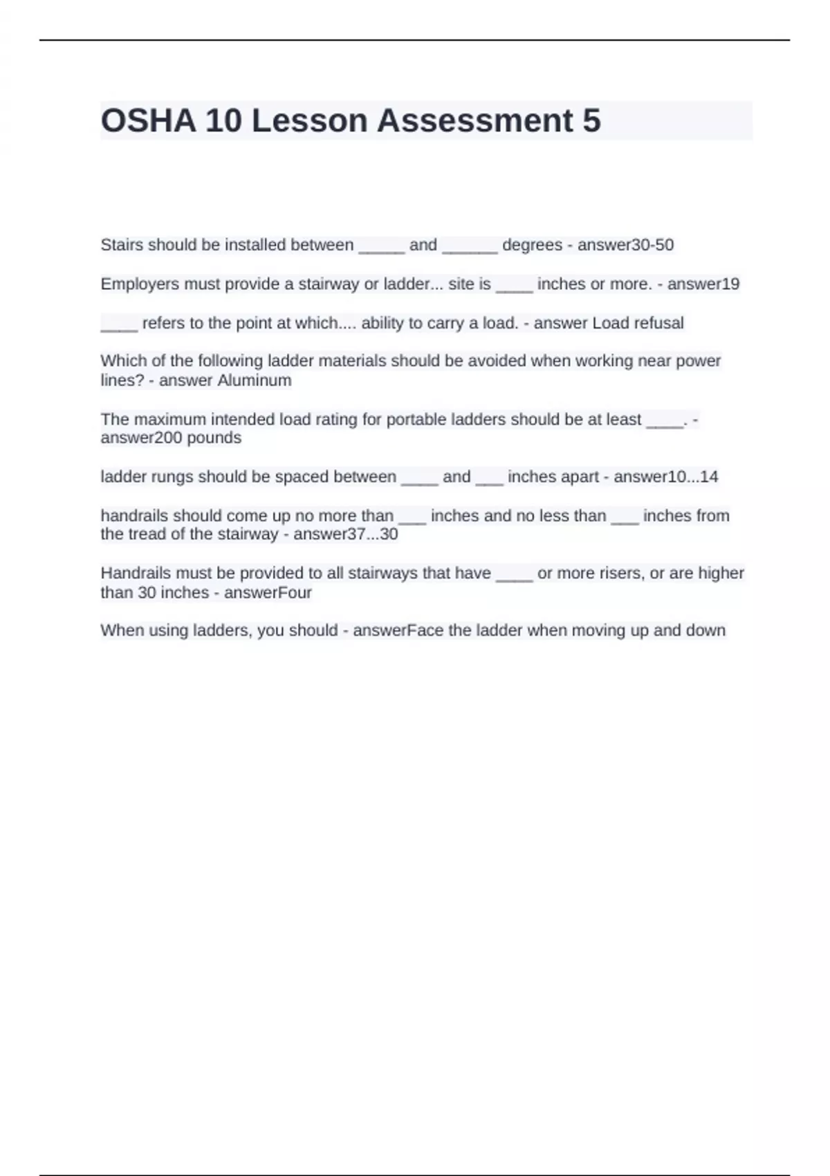 OSHA 10 Lesson Assessment 5 Questions and Answers - OSHA 10 - Stuvia UK