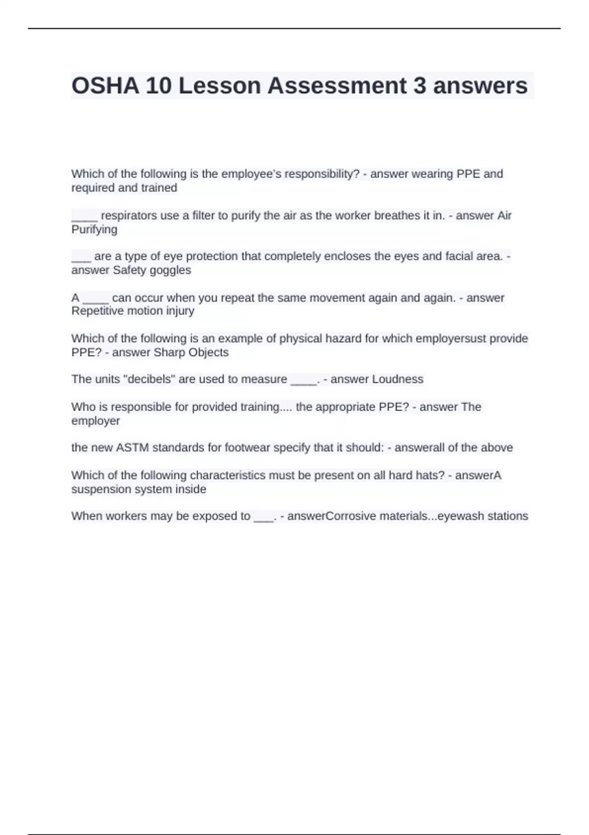 OSHA 10 Lesson Assessment 3 answers Questions Answers 2024 - OSHA 10 ...