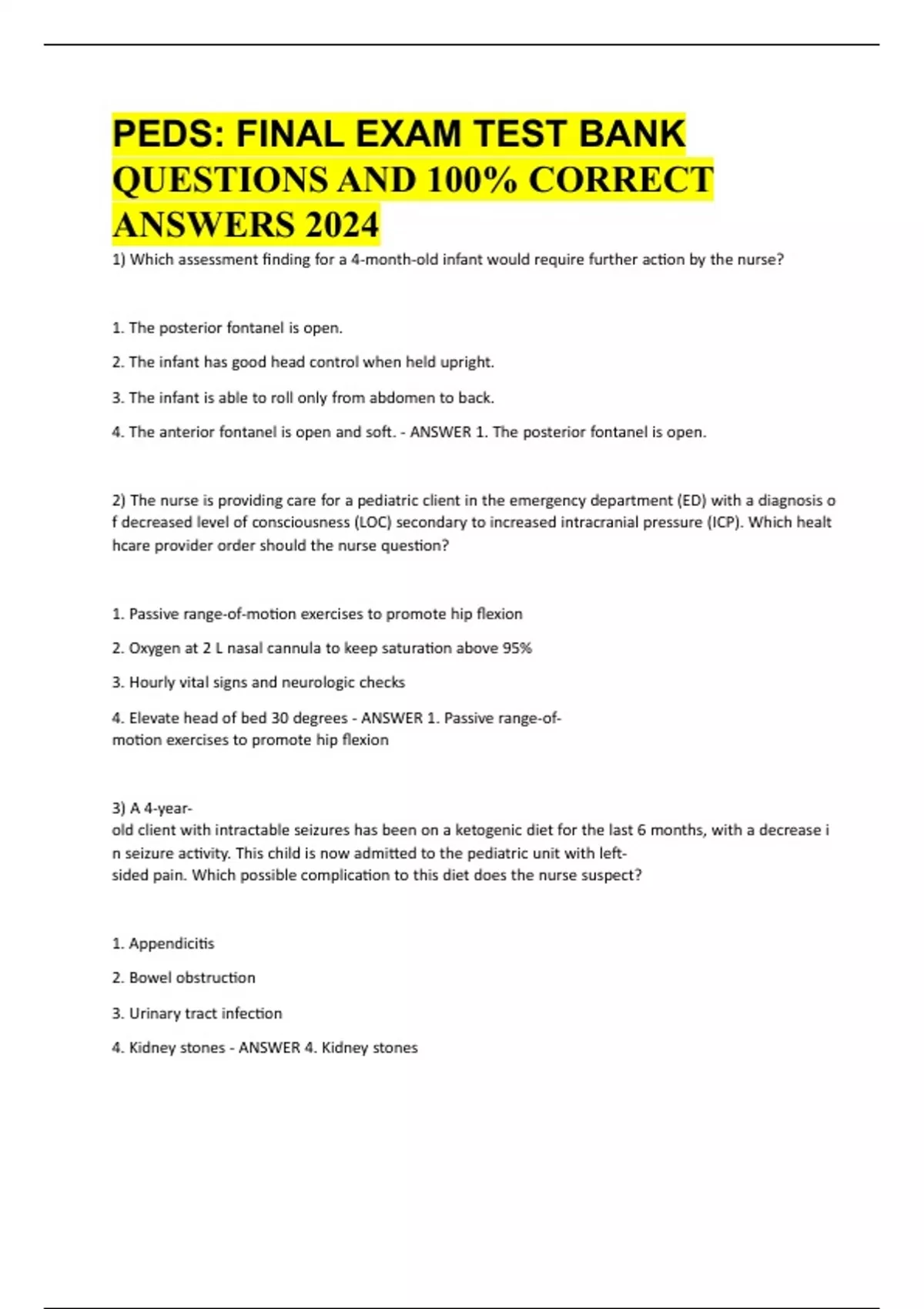 PEDS: FINAL EXAM TEST BANK QUESTIONS AND 100% CORRECT ANSWERS 2024 ...