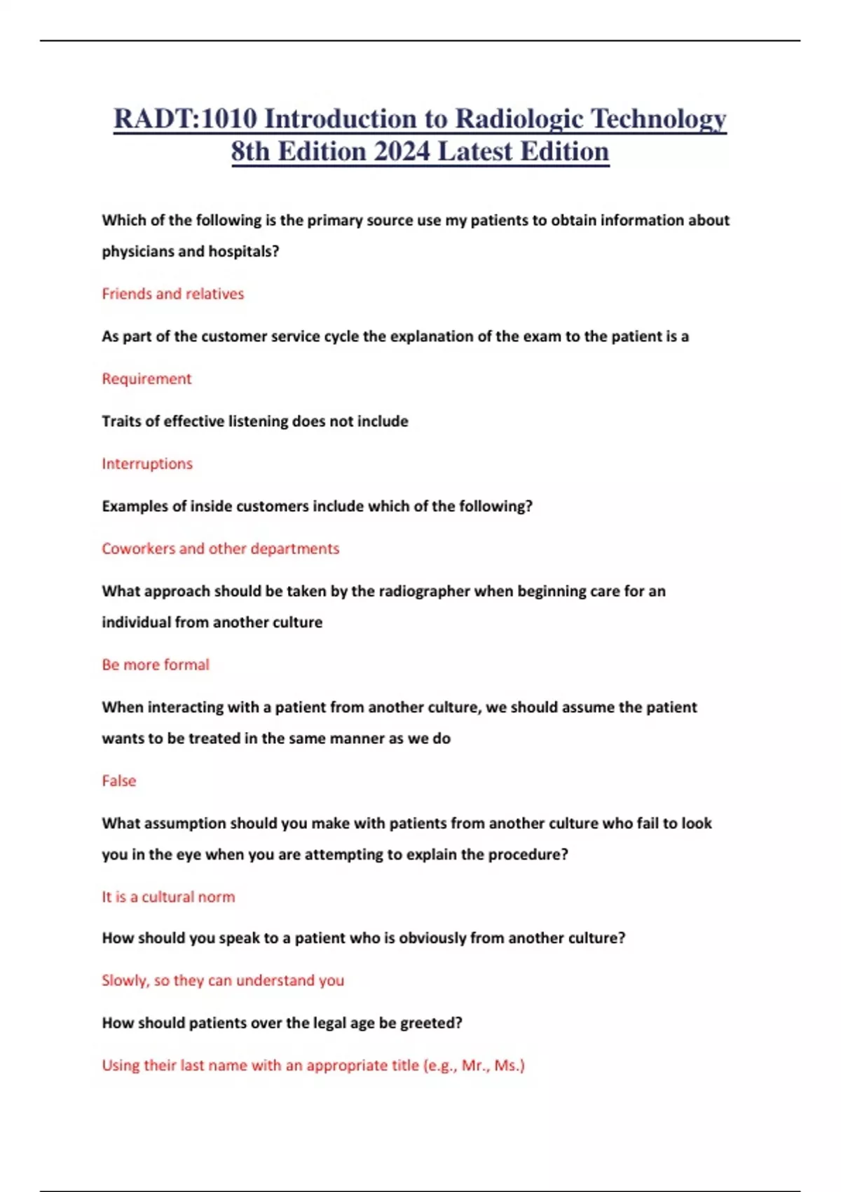 RADT:1010 Introduction to Radiologic Technology 8th Edition 2024 Latest ...