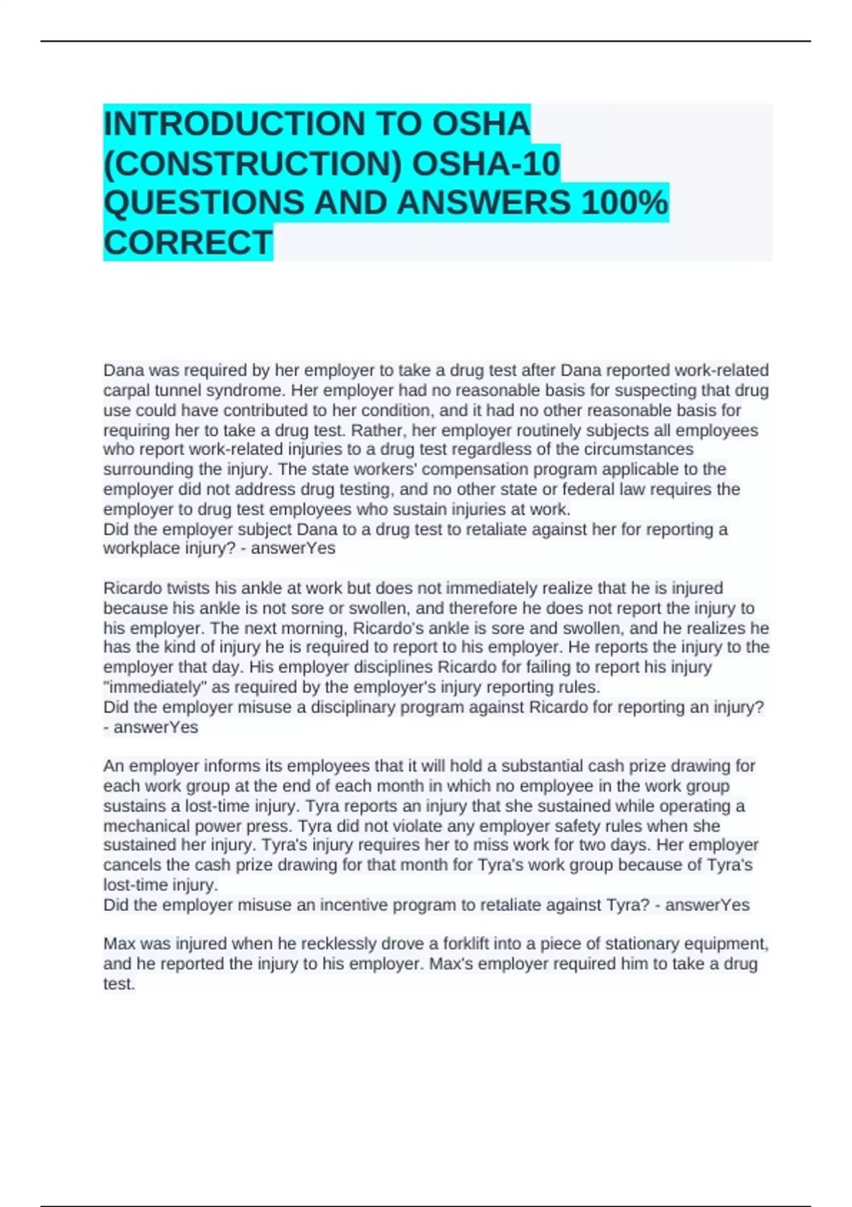 INTRODUCTION TO OSHA (CONSTRUCTION) OSHA-10 QUESTIONS AND ANSWERS 100% ...