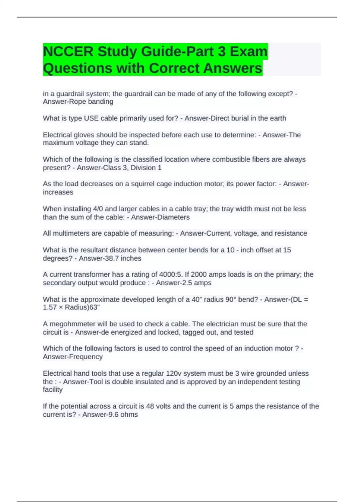 NCCER Study Guide-Part 3 Exam Questions with Correct Answers - NCCER ...