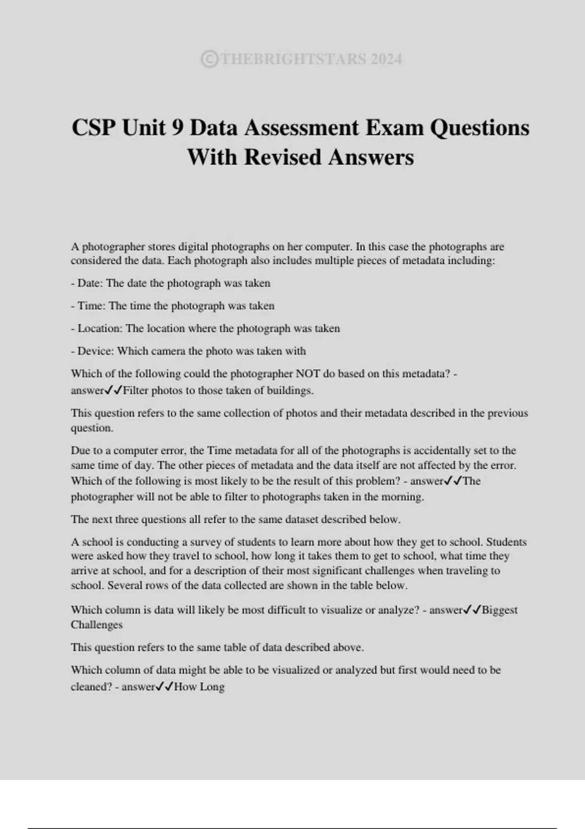 CSP Unit 9 Data Assessment Exam Questions With Revised Answers - CSP - Stuvia US