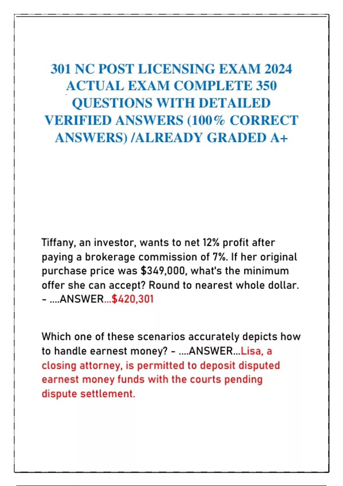 301 NC POST LICENSING EXAM ACTUAL EXAM COMPLETE 350 QUESTIONS WITH DETAILED VERIFIED ANSWERS ...