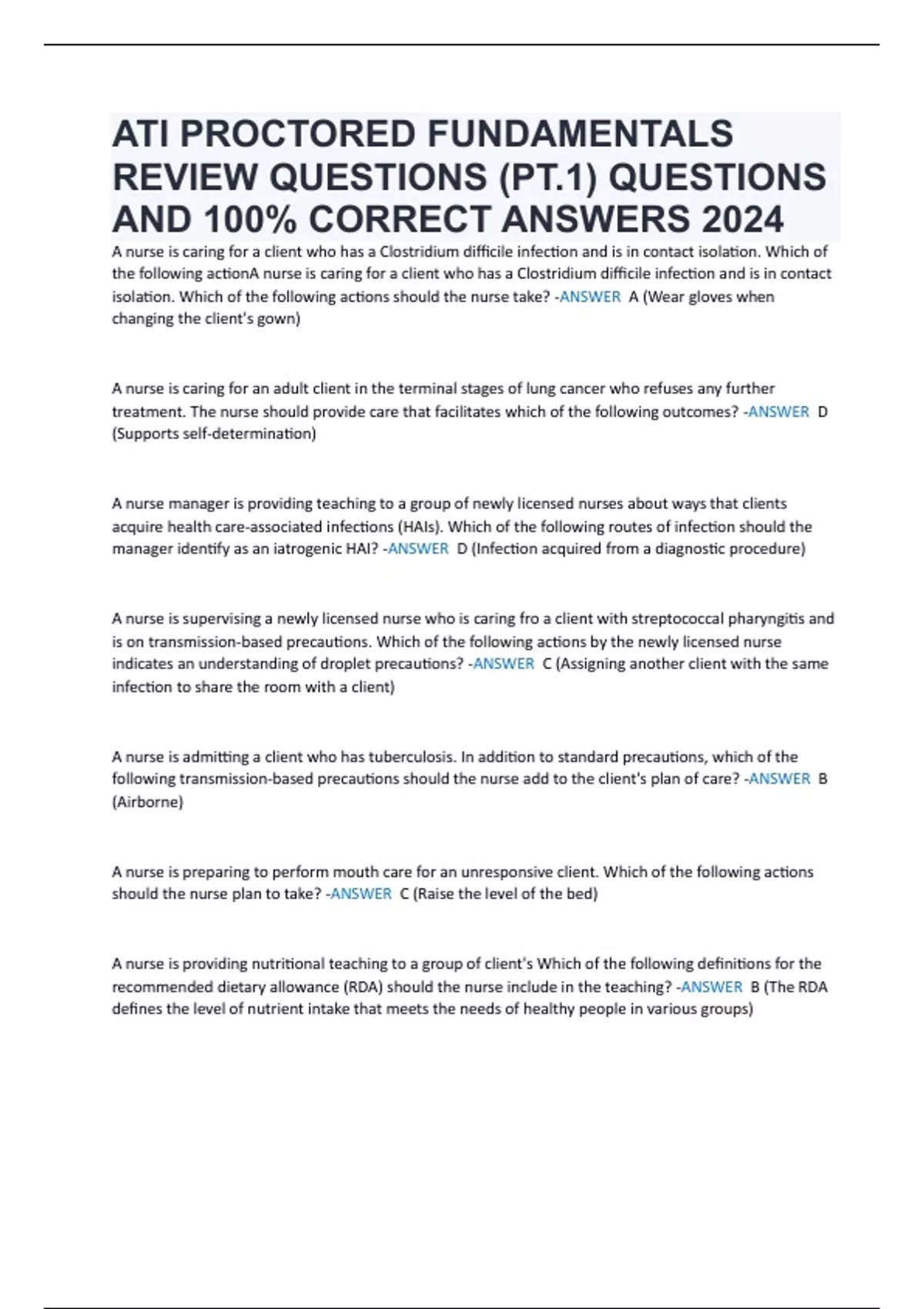 ATI PROCTORED FUNDAMENTALS REVIEW QUESTIONS (PT.1) QUESTIONS AND 100% ...