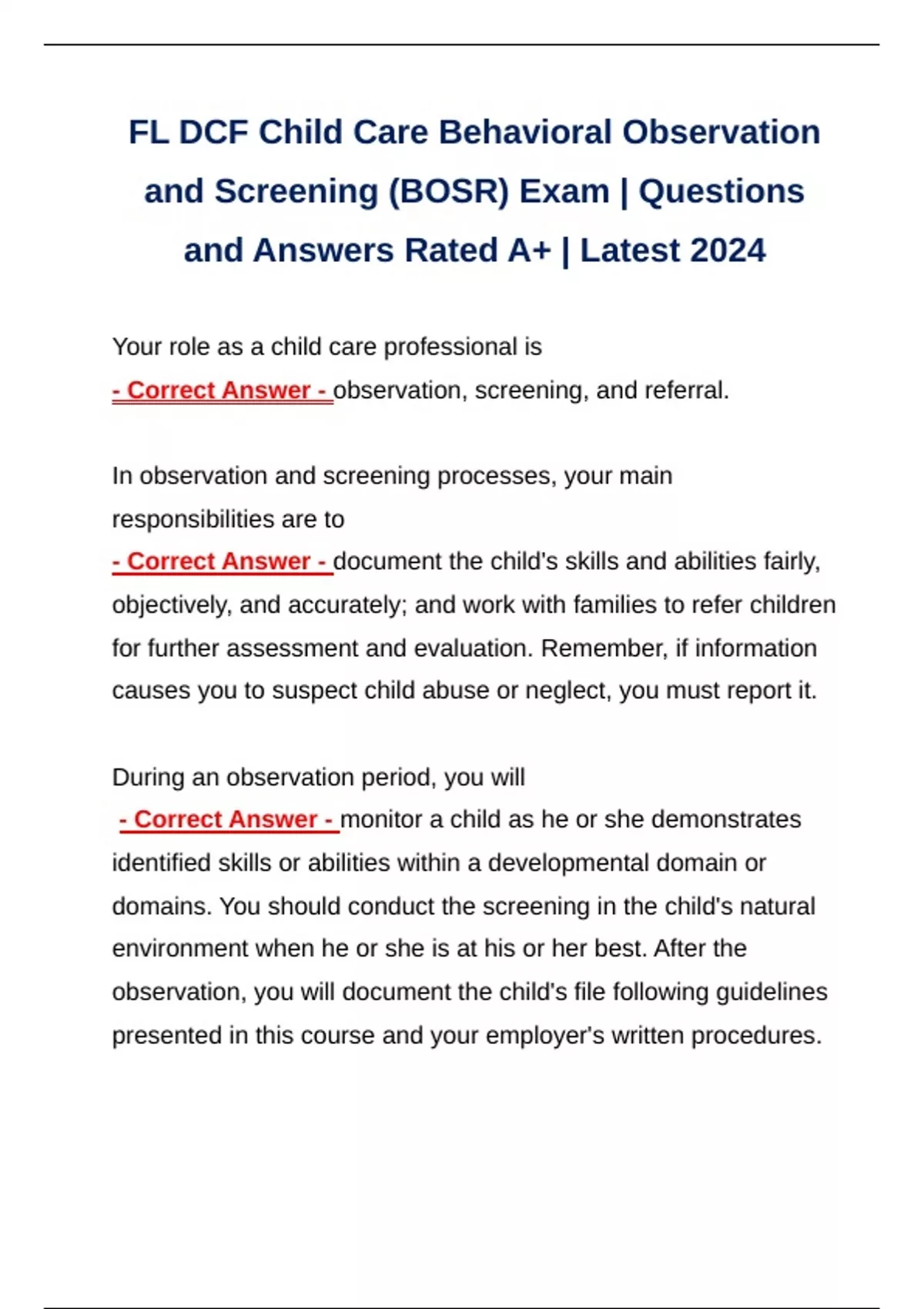 FL DCF Child Care Behavioral Observation and Screening (BOSR) Exam ...