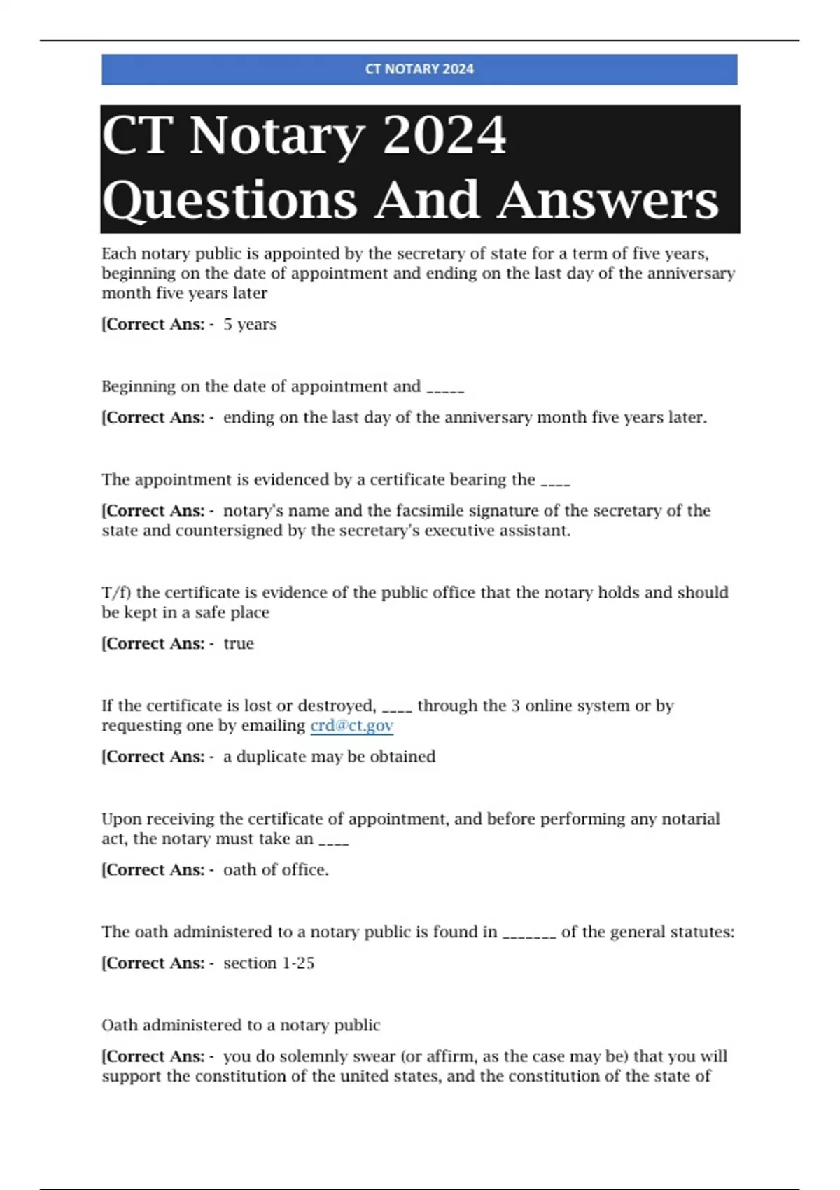 CT Notary Public Latest 2024 Questions Solved 100% - Stuvia US
