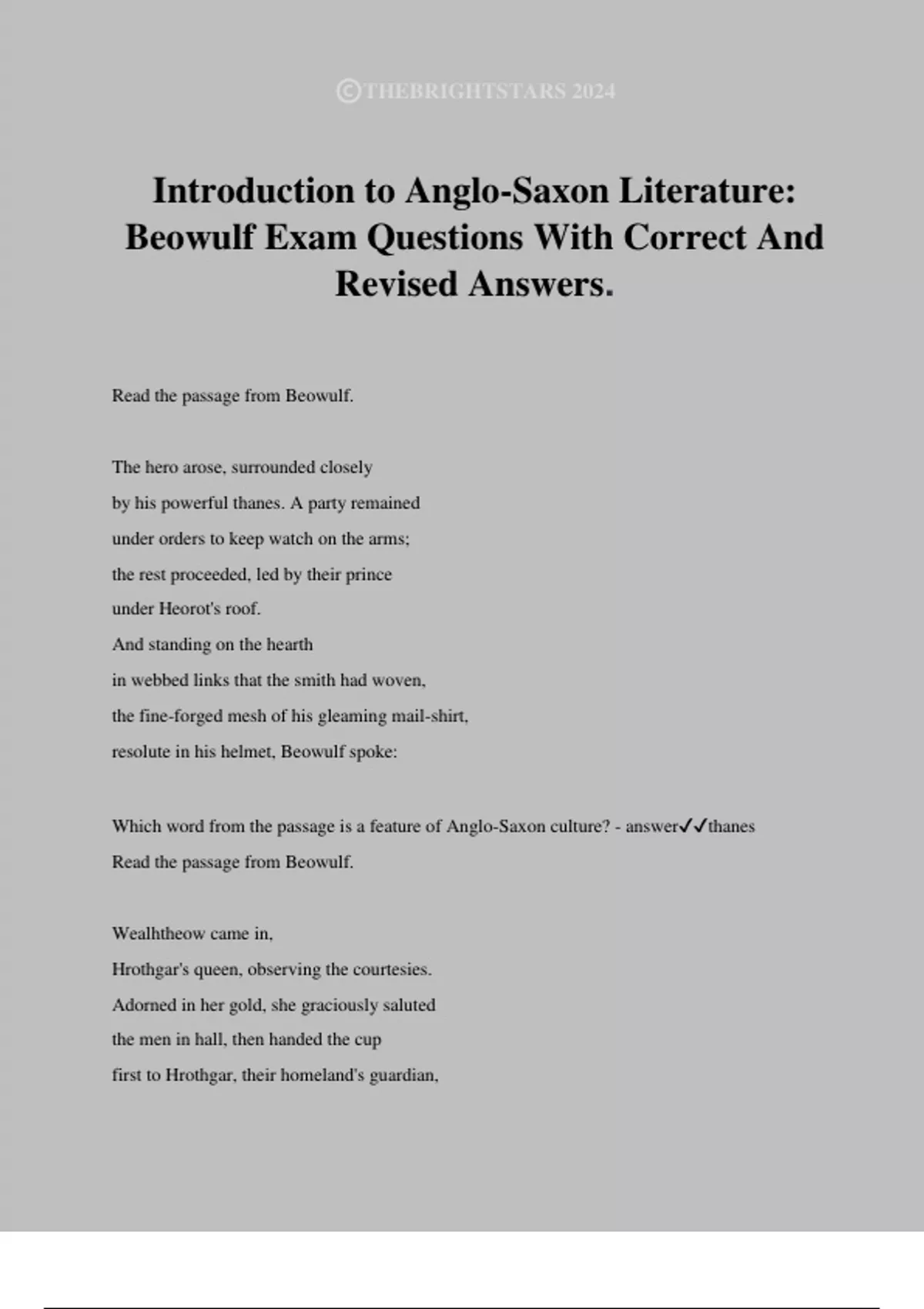 Introduction to Anglo-Saxon Literature: Beowulf Exam Questions With ...