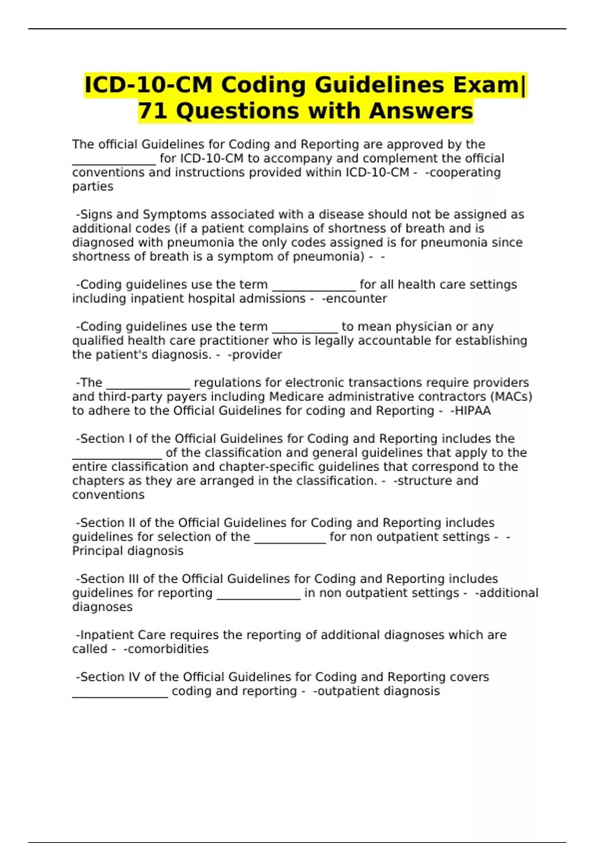 ICD-10-CM Coding Guidelines Exam|71 Questions with Answers - ICD-10-CM Coding - Stuvia US