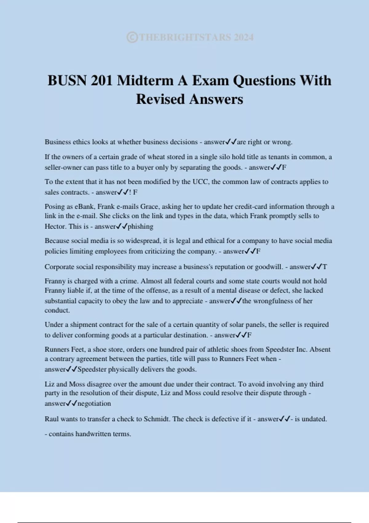 BUSN 201 Midterm A Exam Questions With Revised Answers - BUSN 201 - Stuvia US