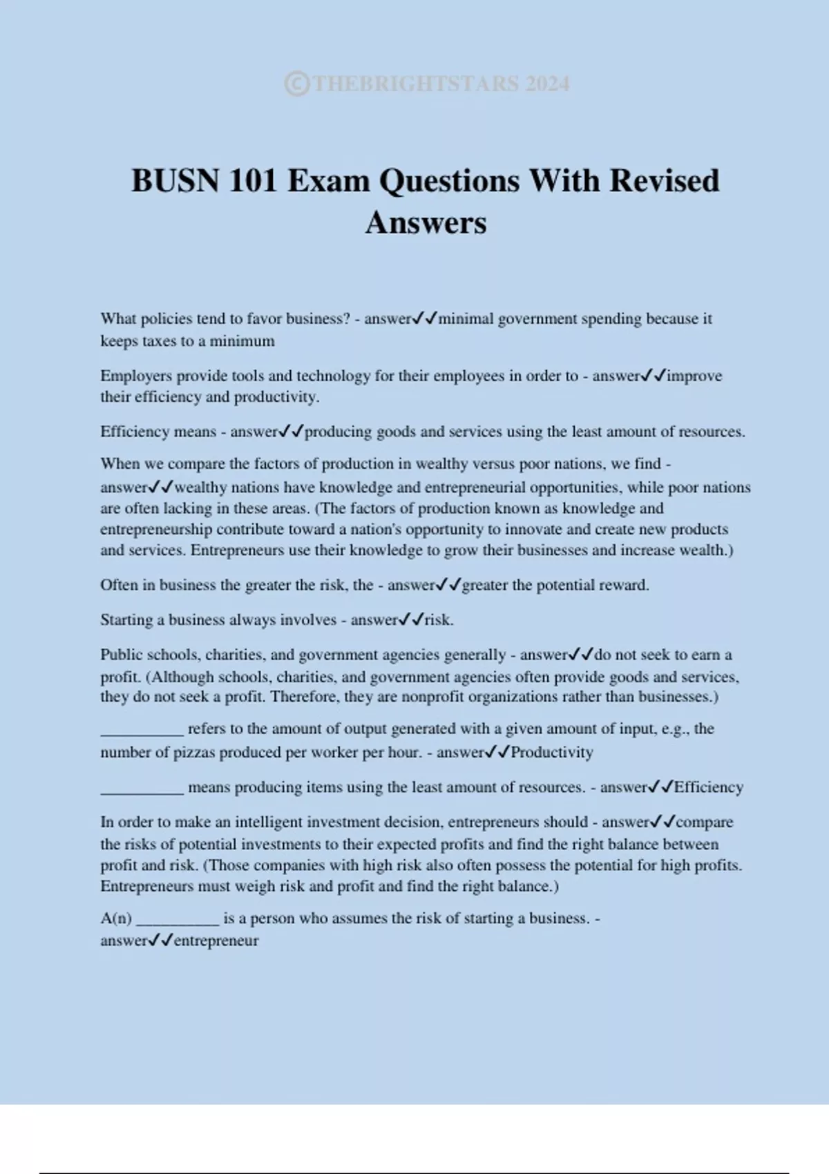 BUSN 101 Exam Questions With Revised Answers - Busn 101 - Stuvia US
