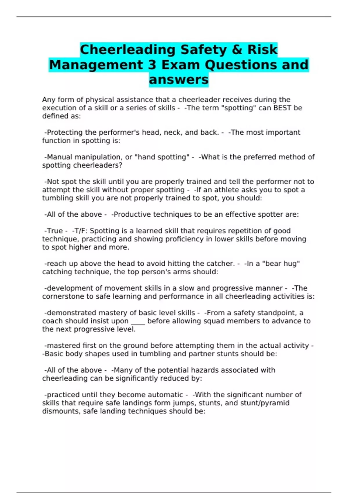Cheerleading Safety & Risk Management Exams - Stuvia US