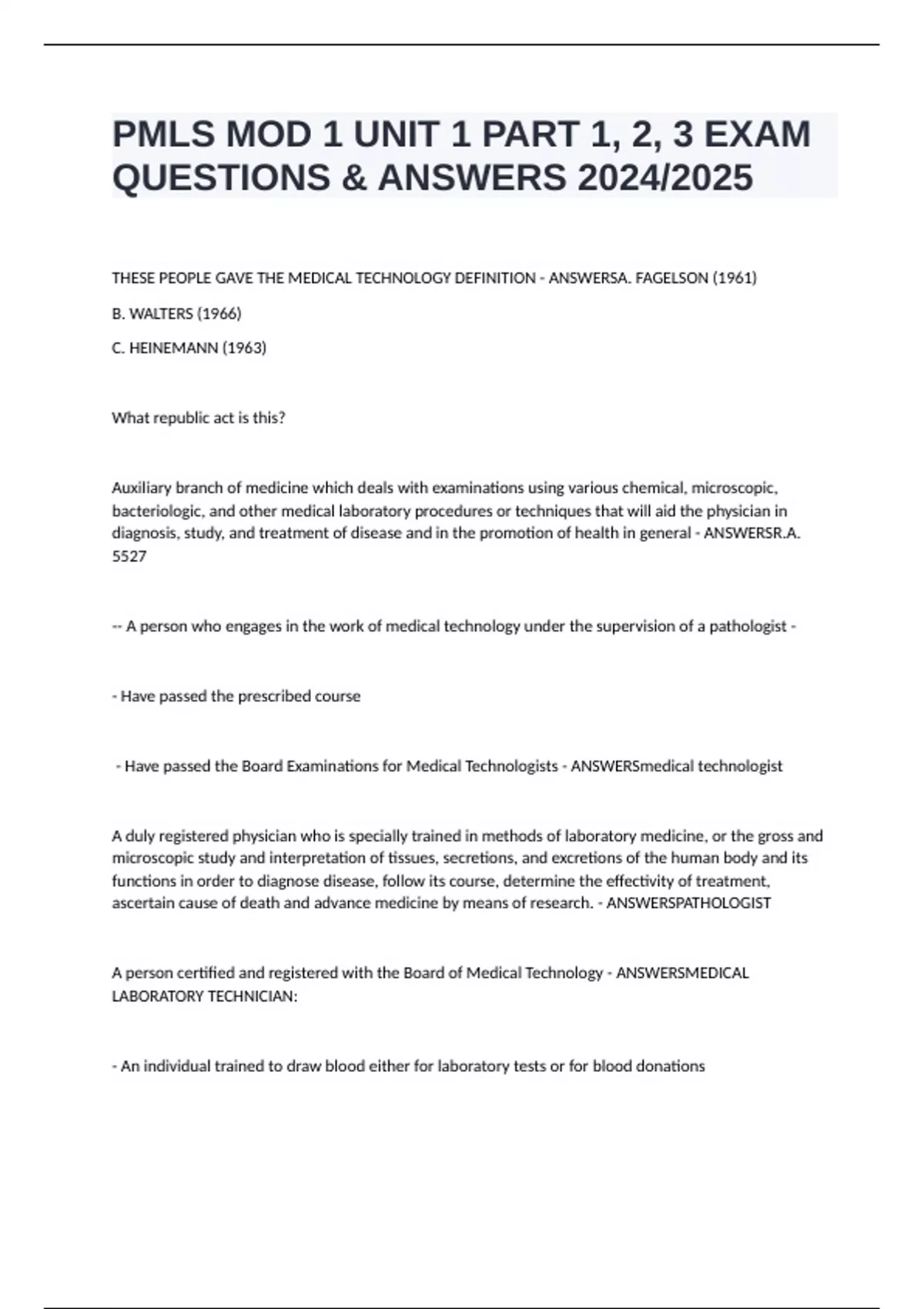 PMLS MOD 1 UNIT 1 PART 1, 2, 3 EXAM QUESTIONS & ANSWERS 2024/2025 ...