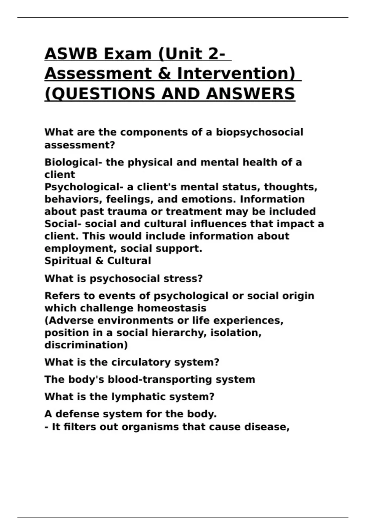 ASWB Exam (Unit 2- Assessment & Intervention) (QUESTIONS AND ANSWERS ...
