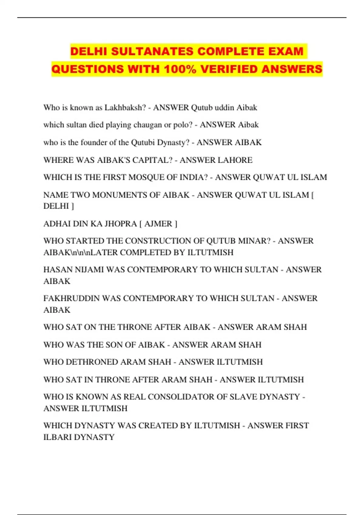 DELHI SULTANATES COMPLETE EXAM QUESTIONS WITH 100% VERIFIED ANSWERS ...