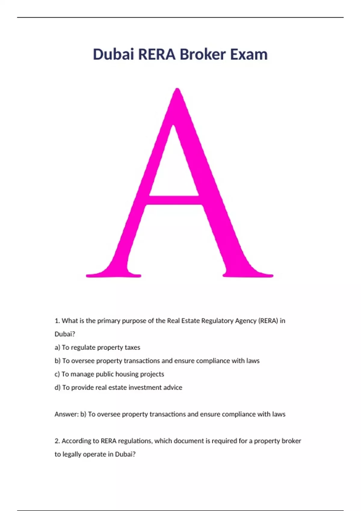 Dubai RERA Broker Exam 2024/2025 Questions and Answers( LATEST UPDATE ...